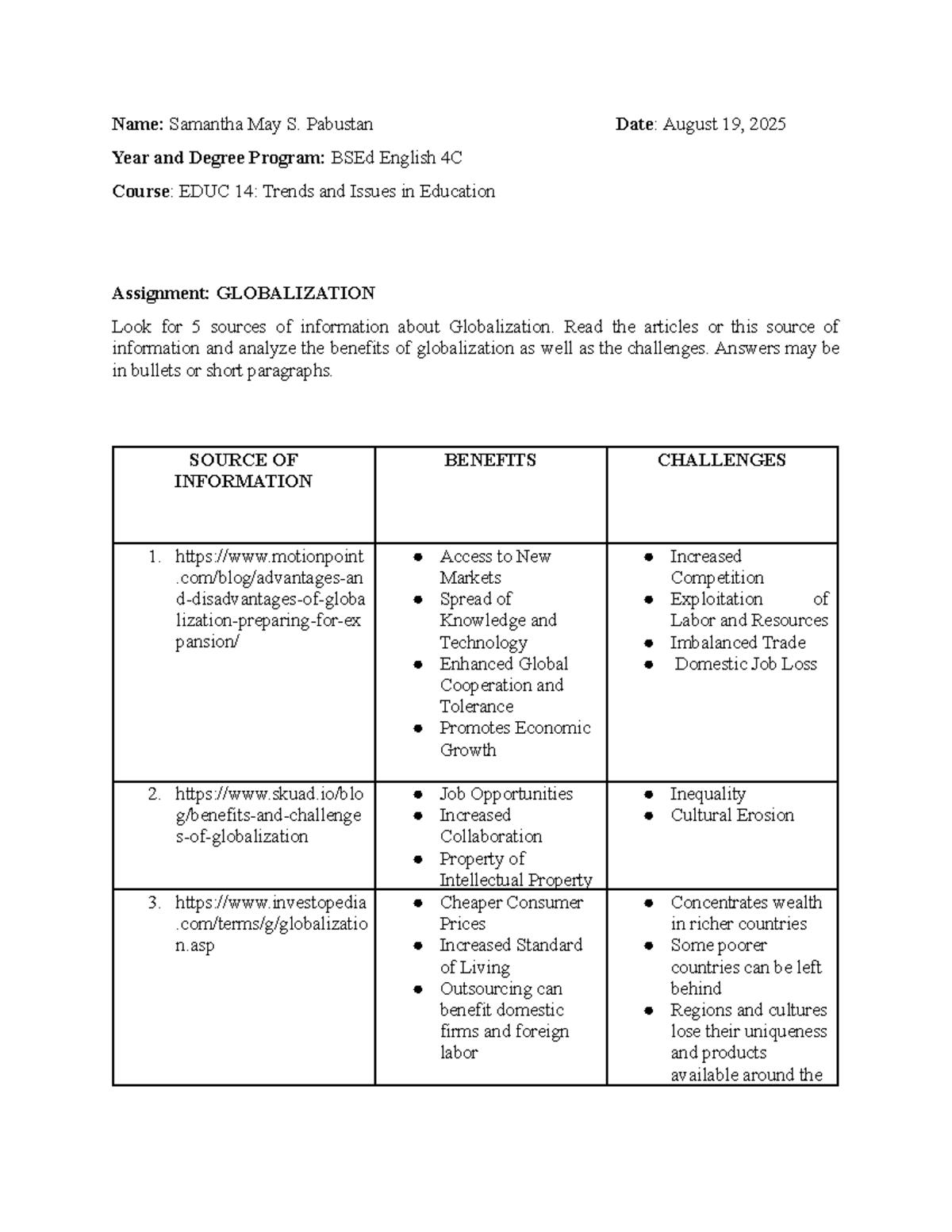 EDUC 14: Globalization Assignment - Benefits & Challenges Analysis - Studocu