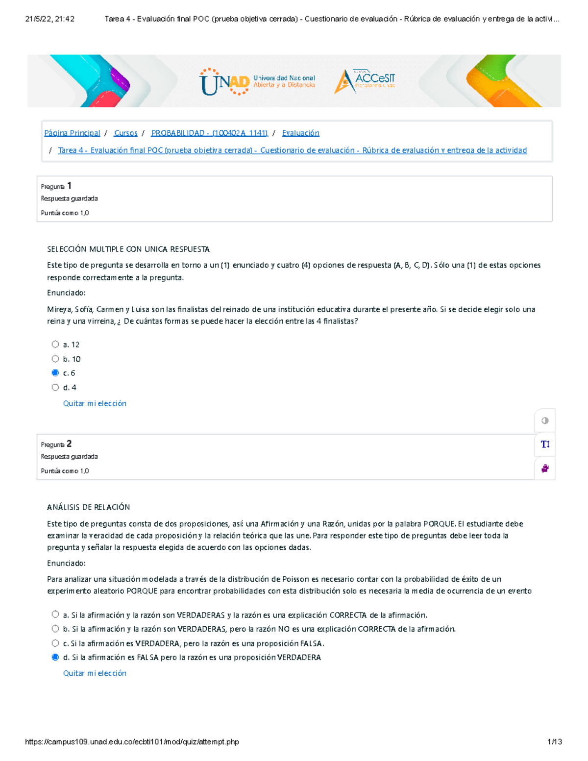 Tarea 4 - Evaluación final POC (prueba objetiva cerrada) - Cuestionario de evaluación - Rúbrica ...