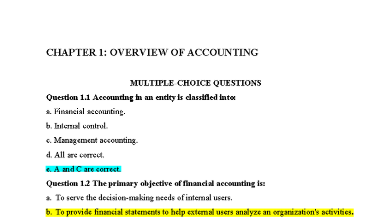 CHAPTER 1: ACCOUNTING OVERVIEW QUESTIONS & EXERCISES NLKT - Studocu