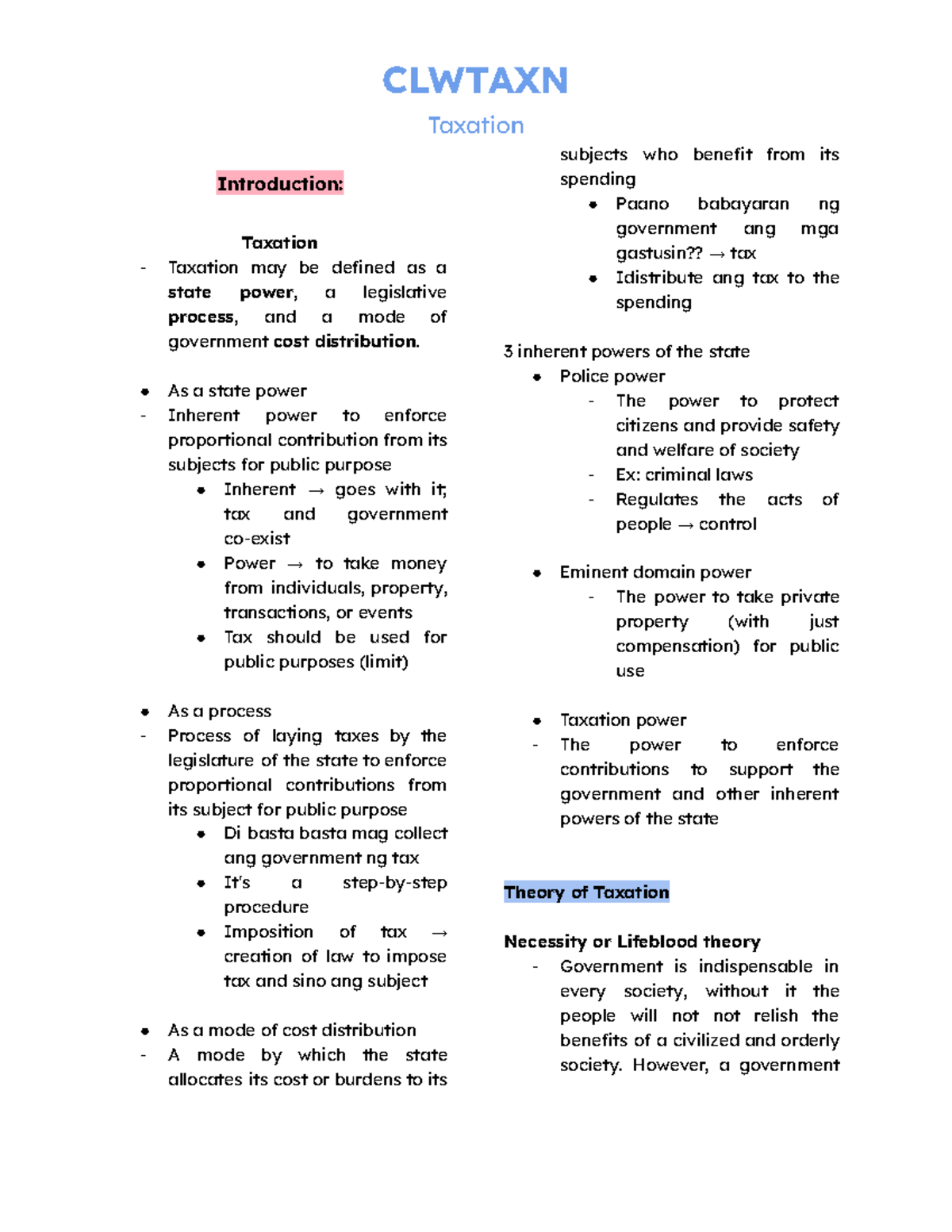 Clwtaxn Notes - Taxation Lecture Overview and Key Concepts - Studocu