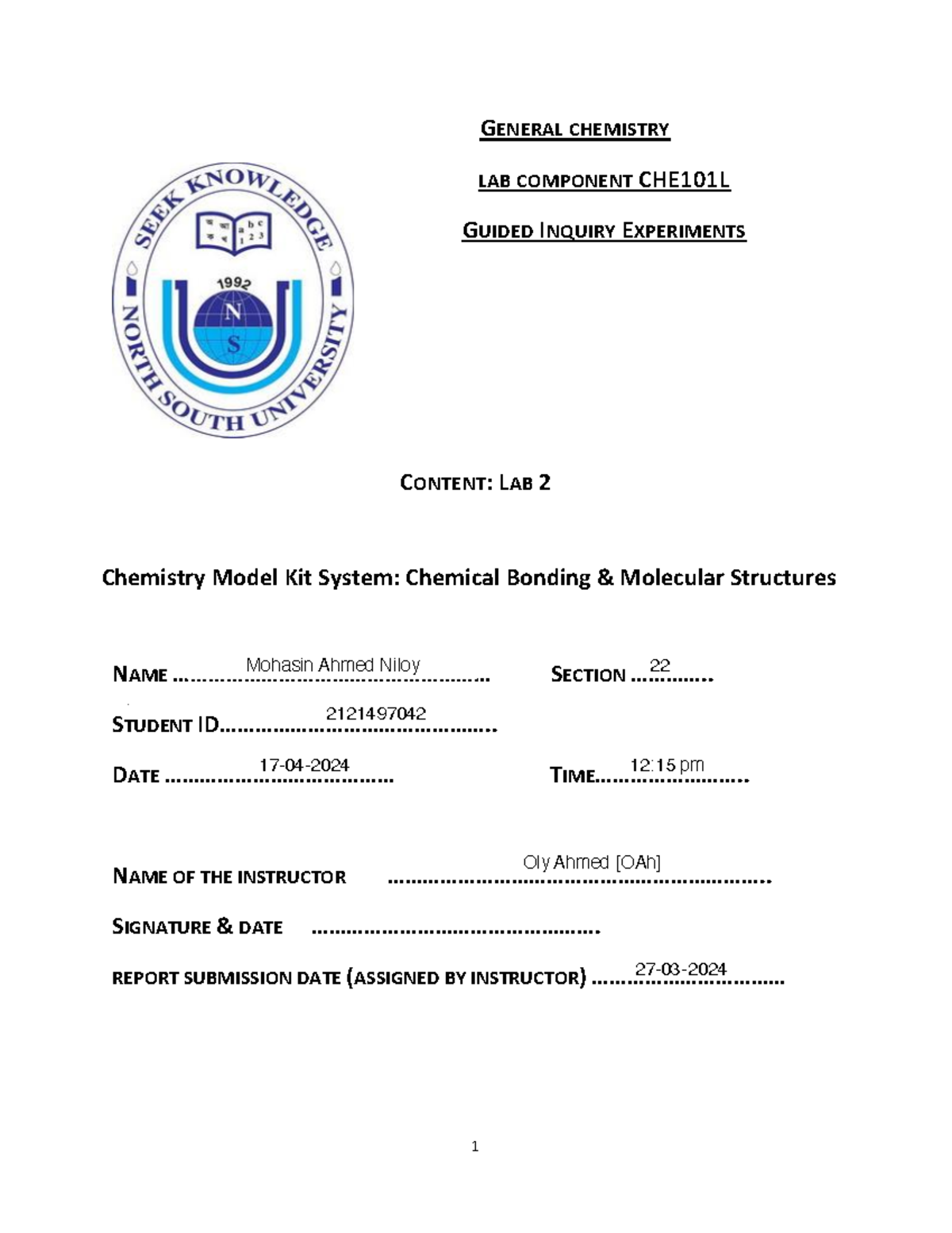 Lab 2 CHE101L: Guided Inquiry on Chemical Bonding & Molecular ...