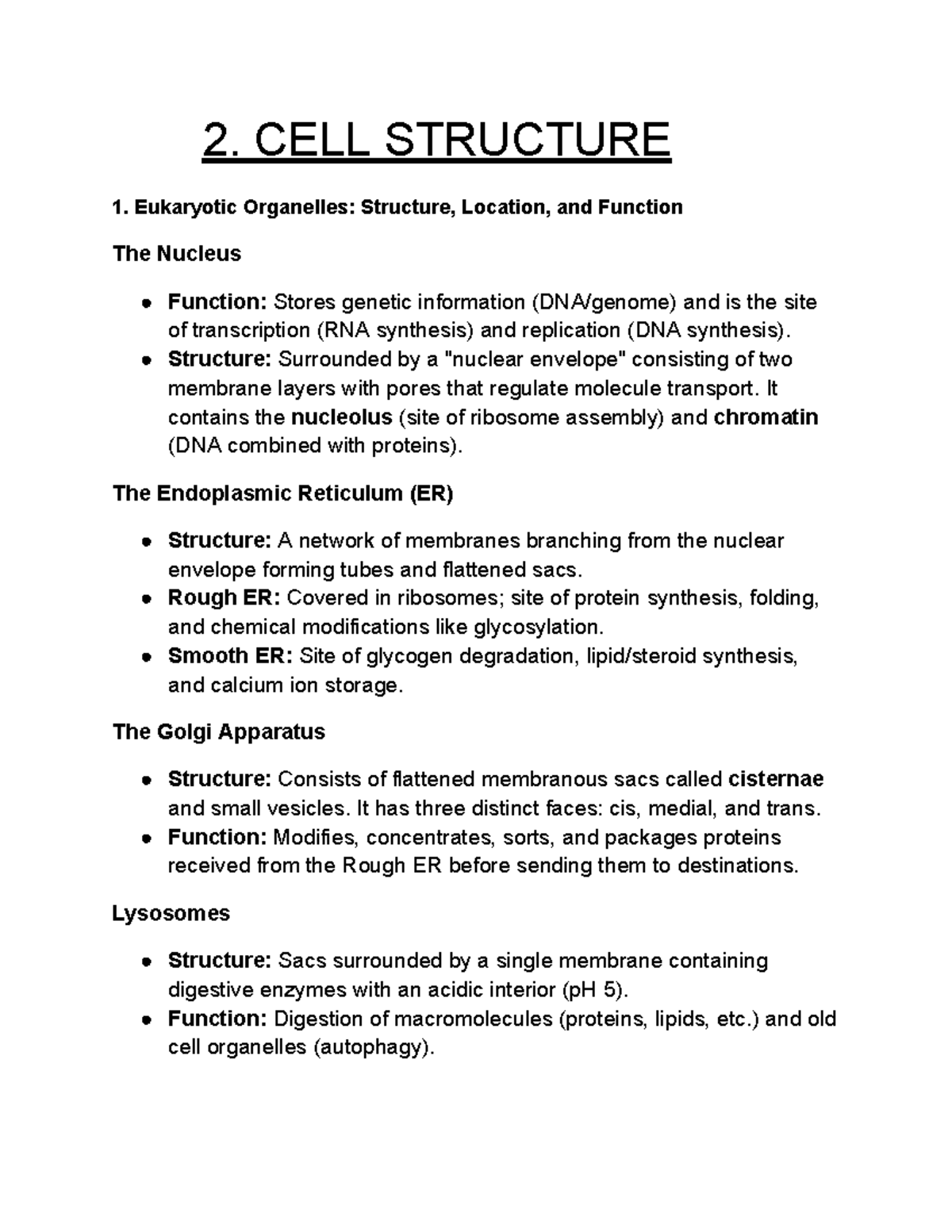 2. CELL STRUCTURE: Eukaryotic Organelles Overview and Functions - Studocu