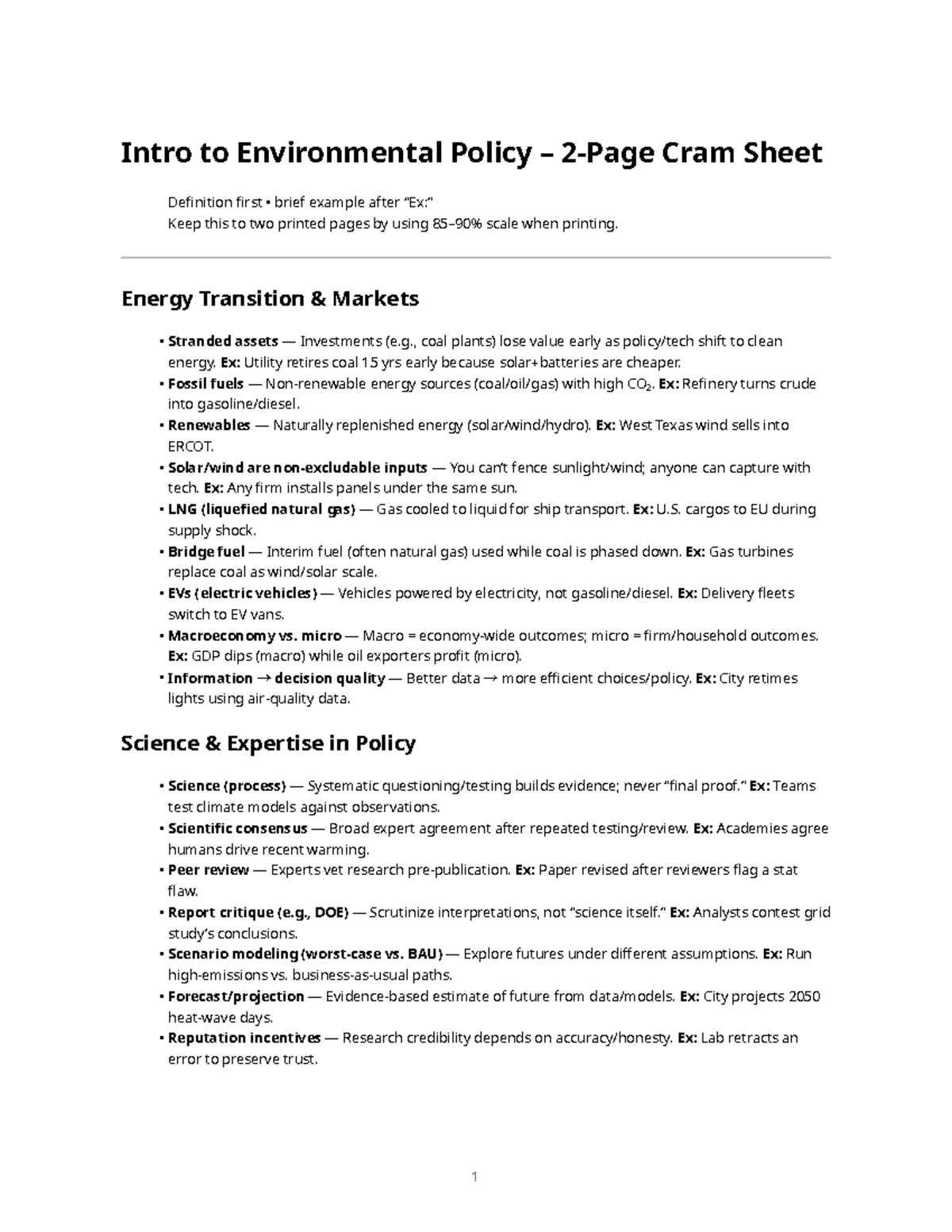 Intro to Environmental Policy Cram Sheet: Key Concepts & Examples - Studocu