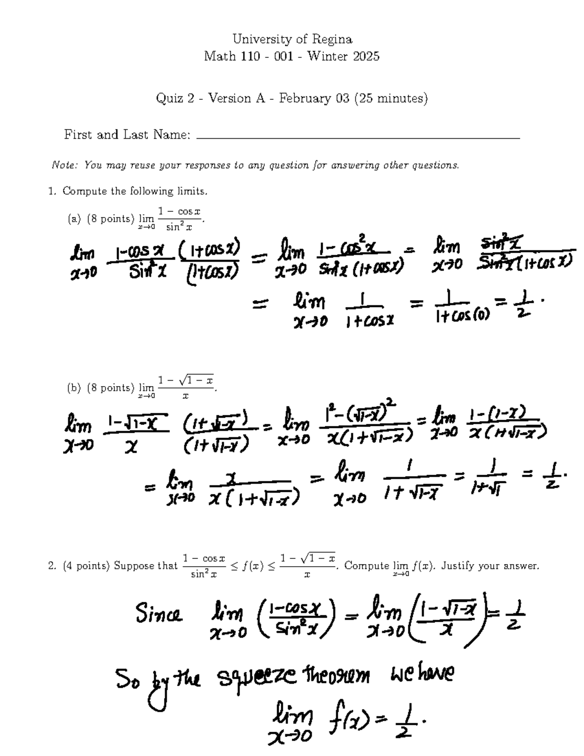 Quiz 2(A) Solution - University of Regina Math 110 - 001 - Winter 2025 Quiz 2 - Version A ...
