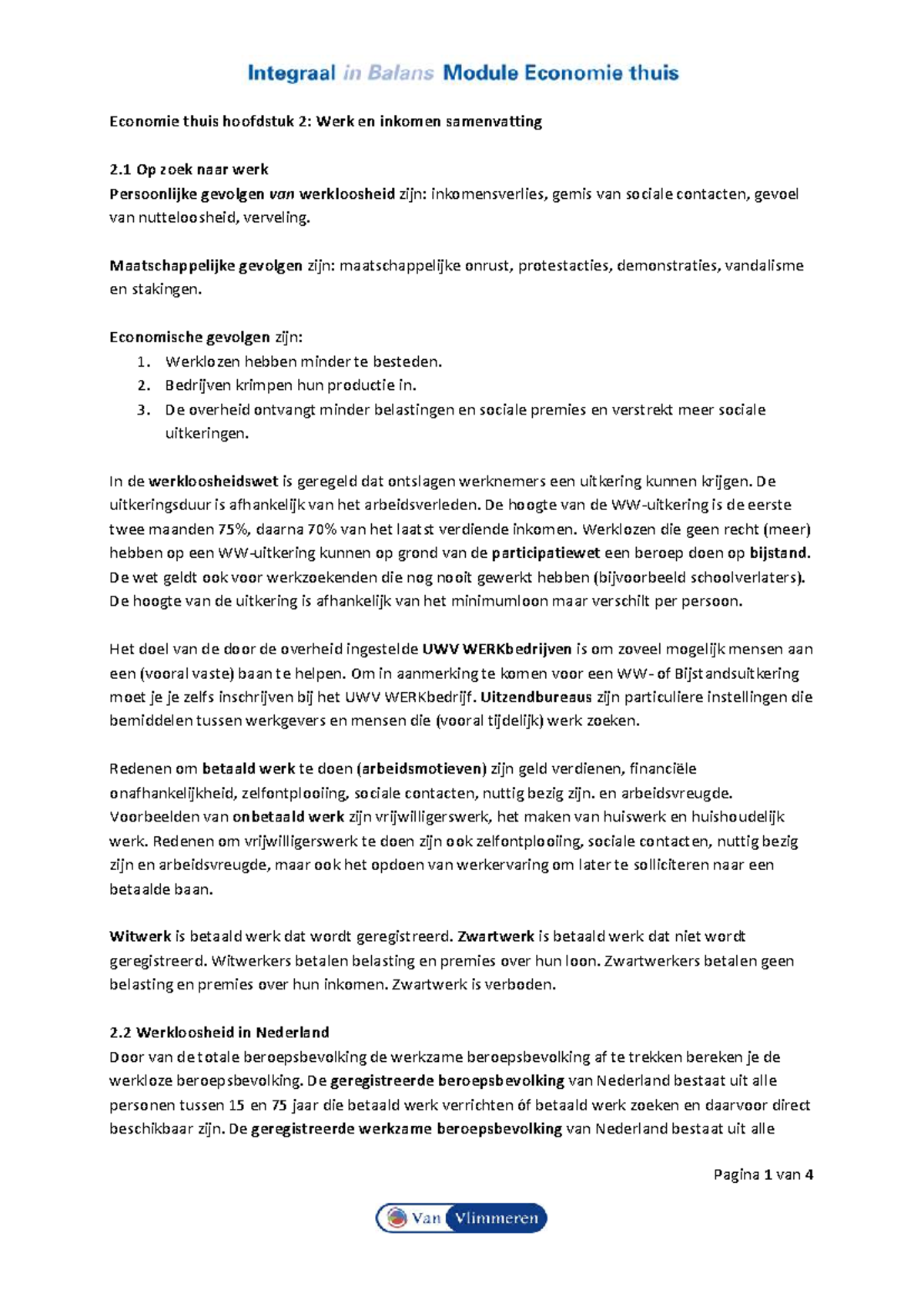 Samenvatting Hoofdstuk 2: Werk en Inkomen - Economie Thuis - Studeersnel