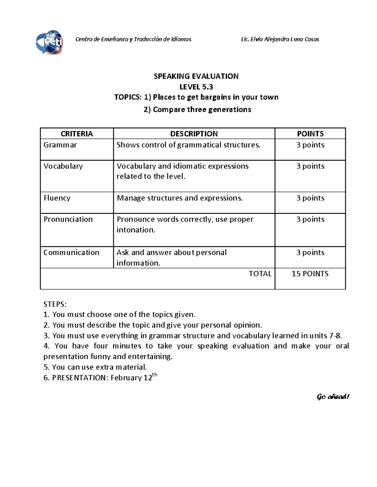 MID TERM Speaking Evaluation 5 - SPEAKING EVALUATION LEVEL 5. TOPICS: 1) Places to get bargains ...