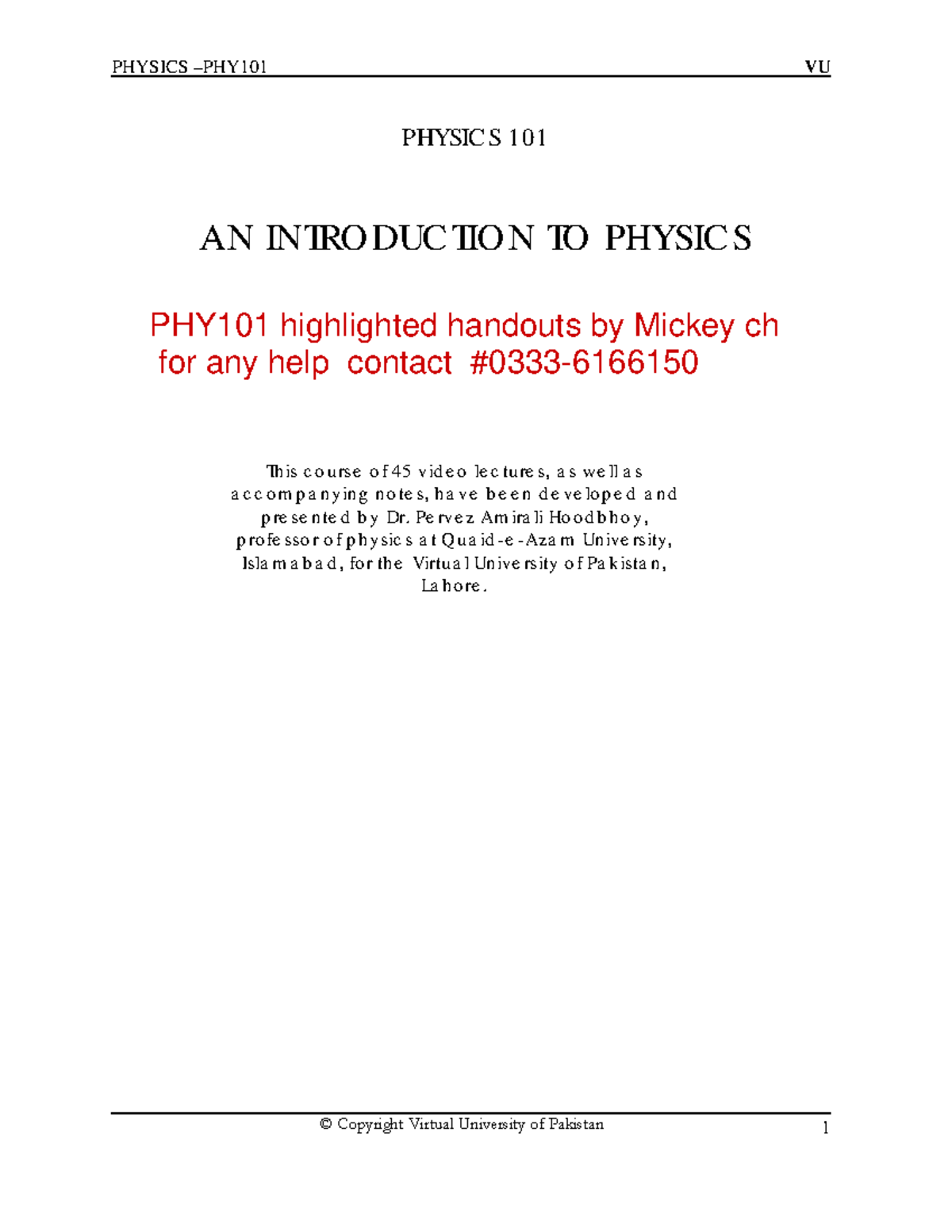 PHY101 Highlighted Handouts: Intro to Physics by Dr. Hoodbhoy - Studocu