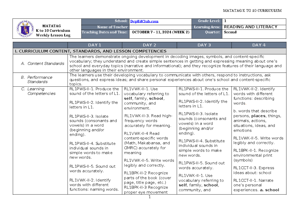 DLL Matatag Reading & Literacy 1 Q2 W2 Weekly Lesson Plan - Studocu
