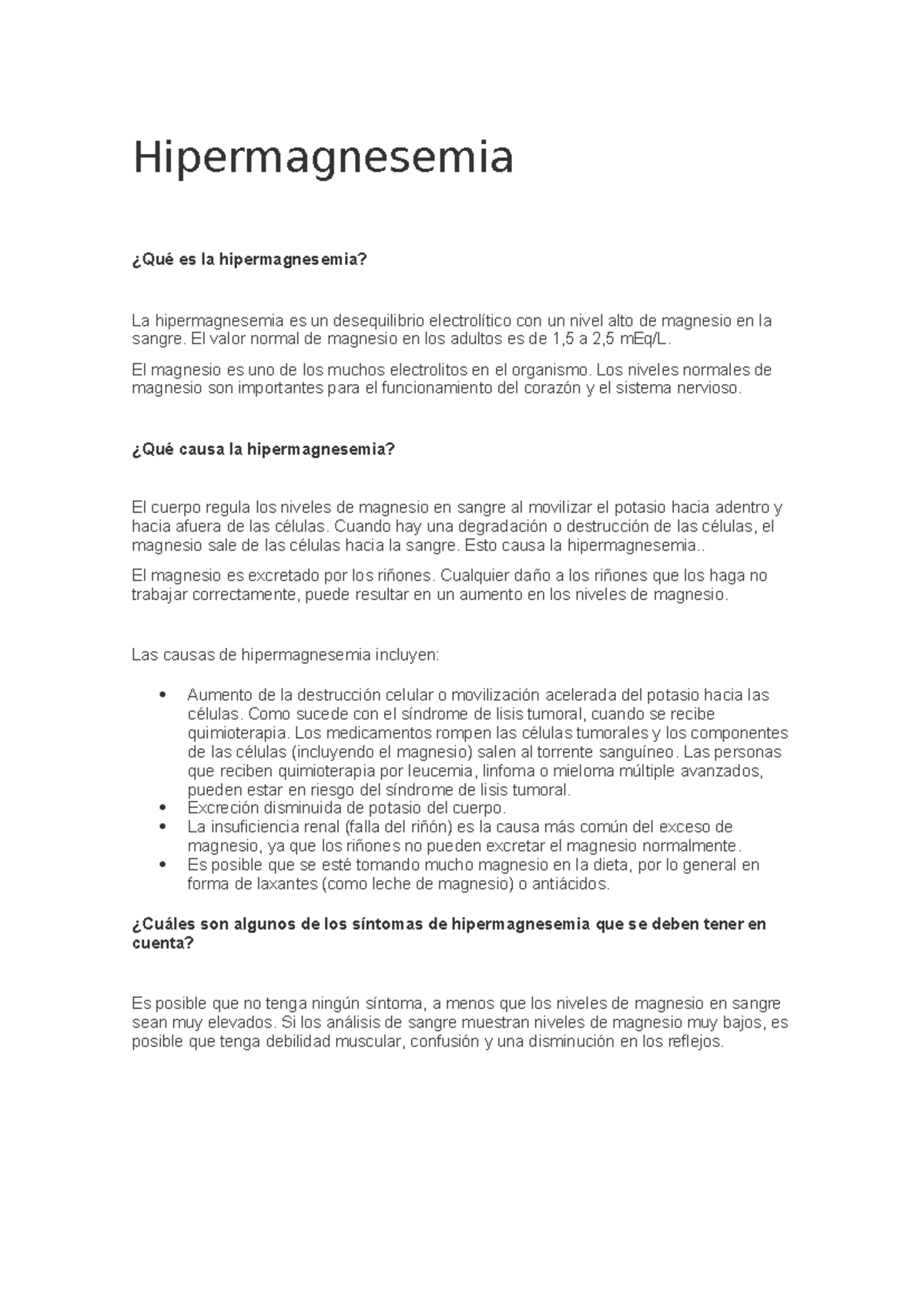 Hipermagnesemia y Hipomagnesemia: Resumen Guyton e Hall - Fisiología ...