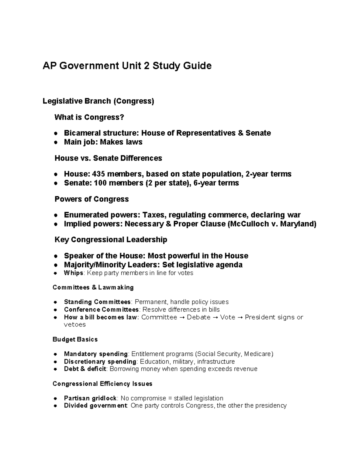 AP Government Unit 2 Study Guide: Legislative, Executive & Judicial ...