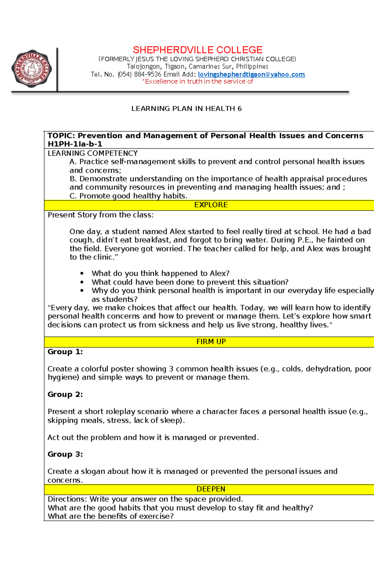 Health 6 Learning Plan: Managing Personal Health Issues and Concerns ...