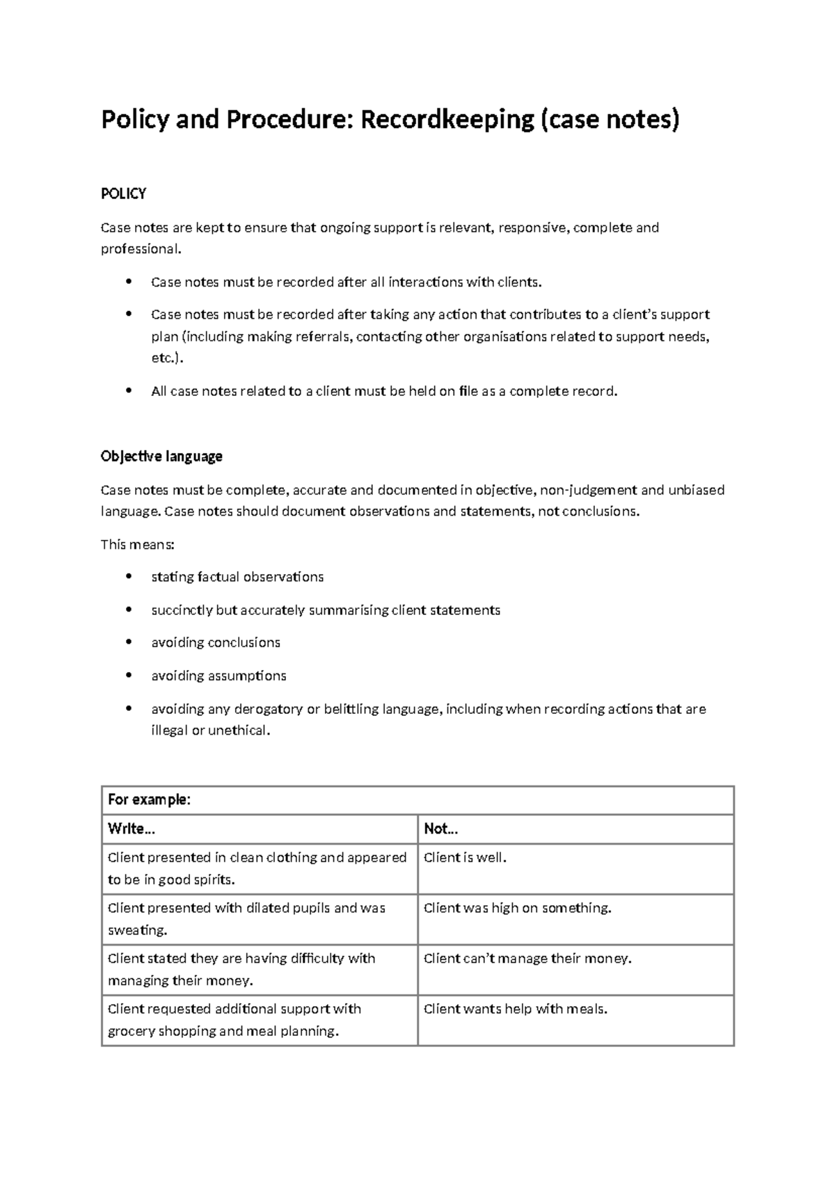 Policy and Procedure: Recordkeeping for Case Notes (UYRRSHDJHTFKYGUHIJK ...