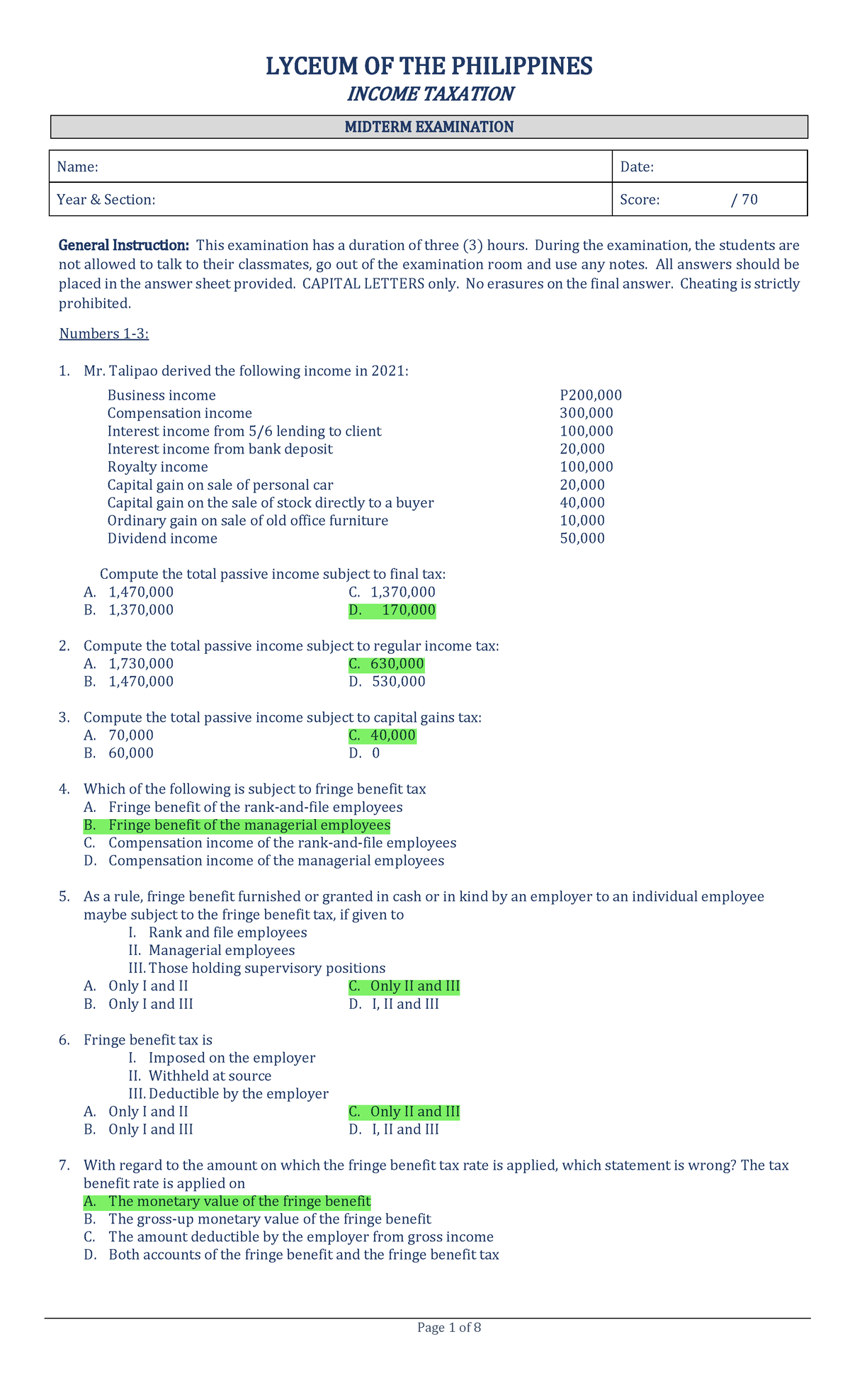 Income Tax (LPU) Midterm Exam Review and Questions - Studocu