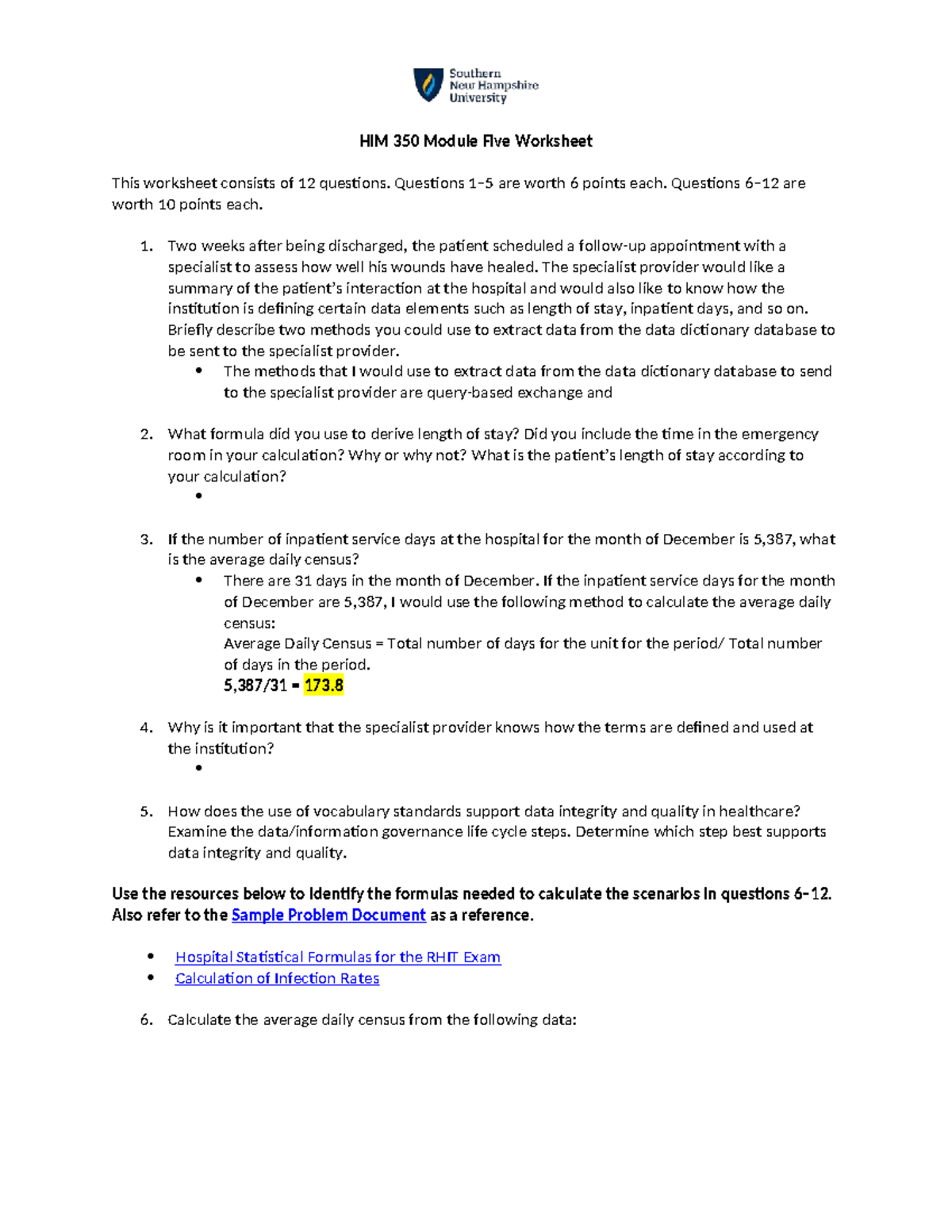 HIM 350 Module 5 Data Extraction & Calculation Worksheet - Studocu