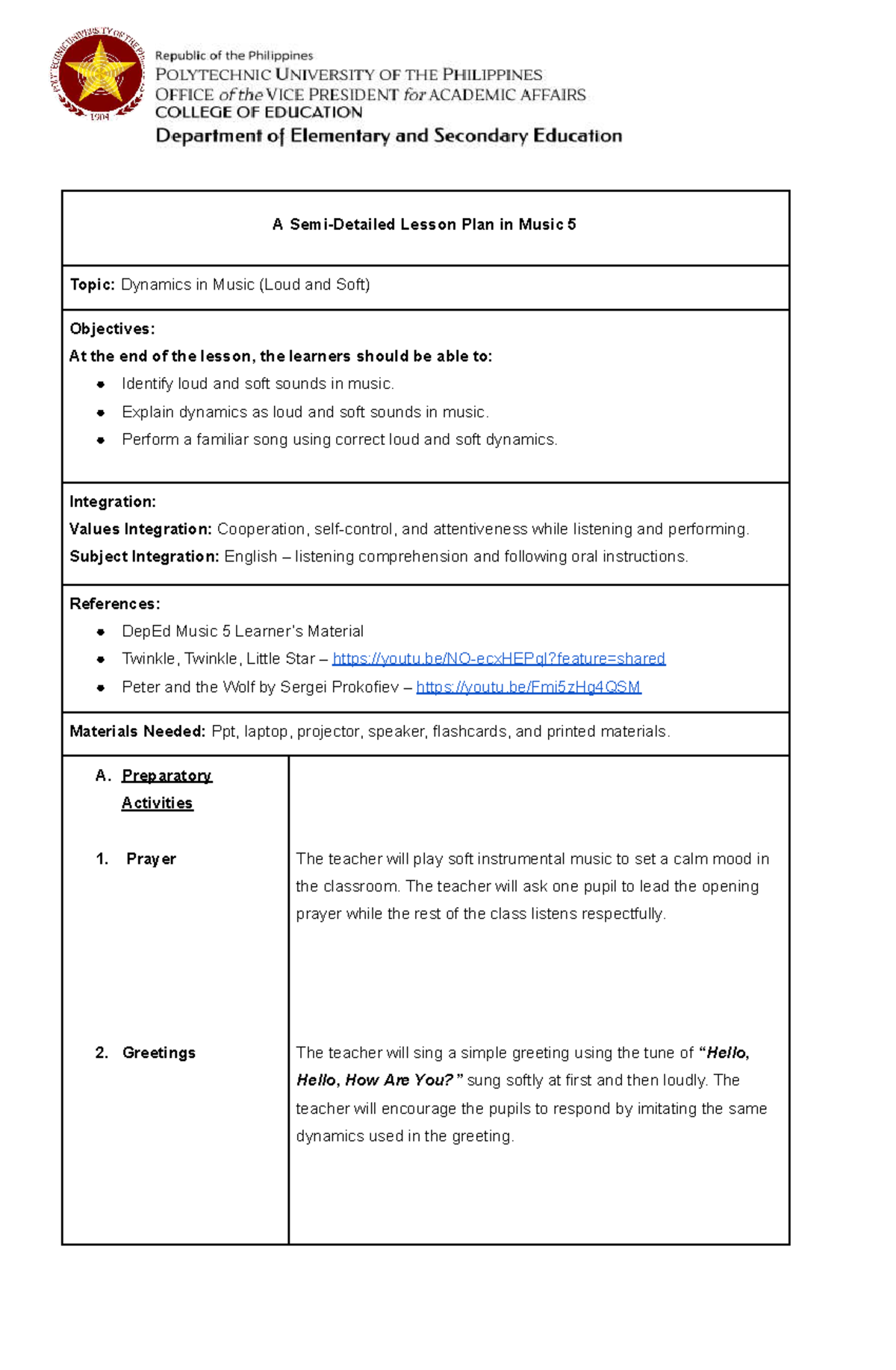 Music 5 Lesson Plan: Understanding Dynamics (Loud & Soft) - Studocu