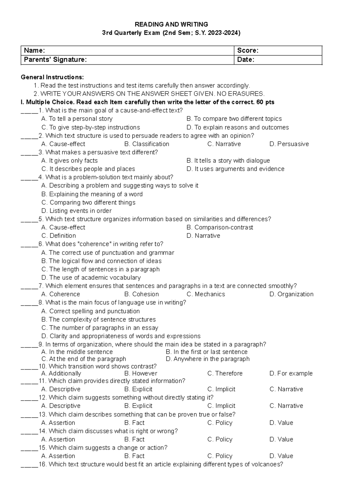 Reading & Writing 3rd Quarter Exam Review and Practice - Studocu