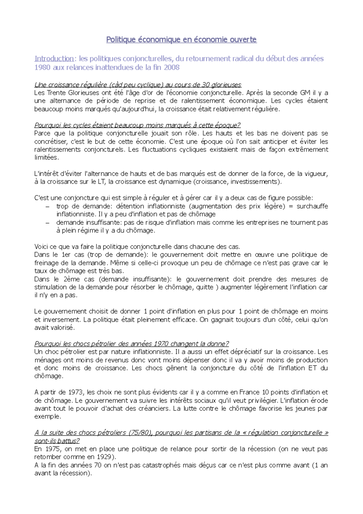 Politique Économique et Conjoncturelle en Économie Ouverte - Cours M1 ...