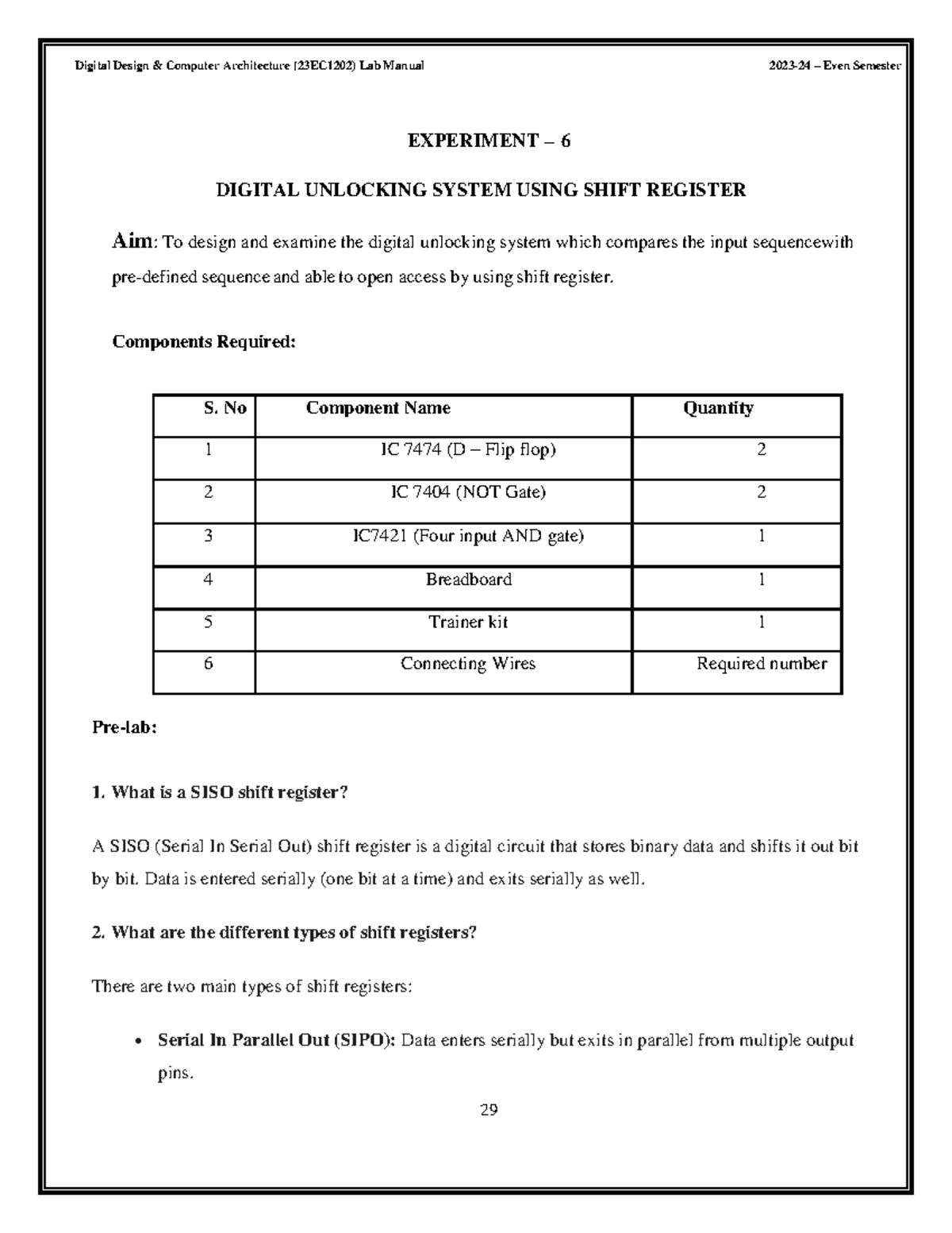 Experiment 6 - Digital Unlocking System Using Shift Register (DDCA ...