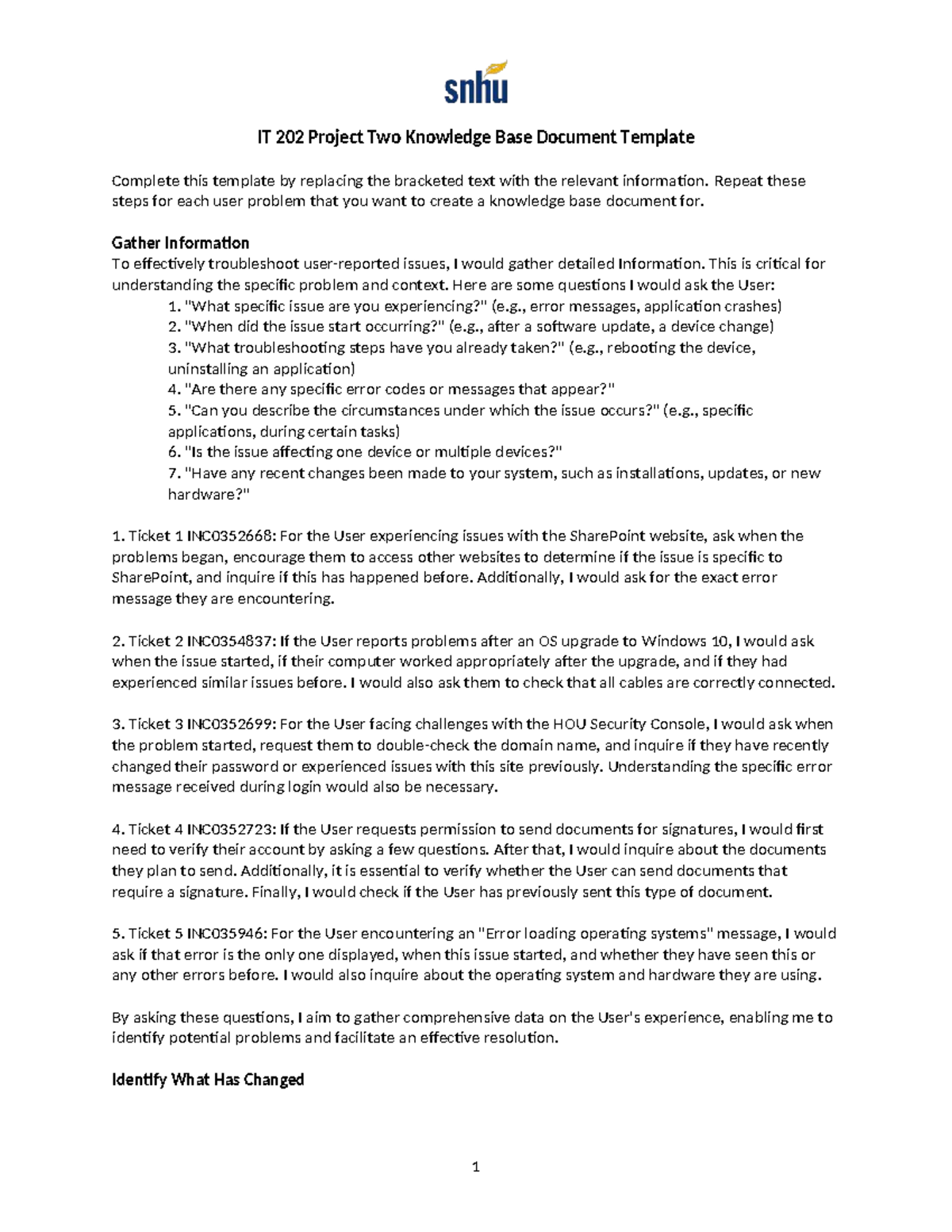 IT 202 Project Two: Knowledge Base Document Template & Troubleshooting ...