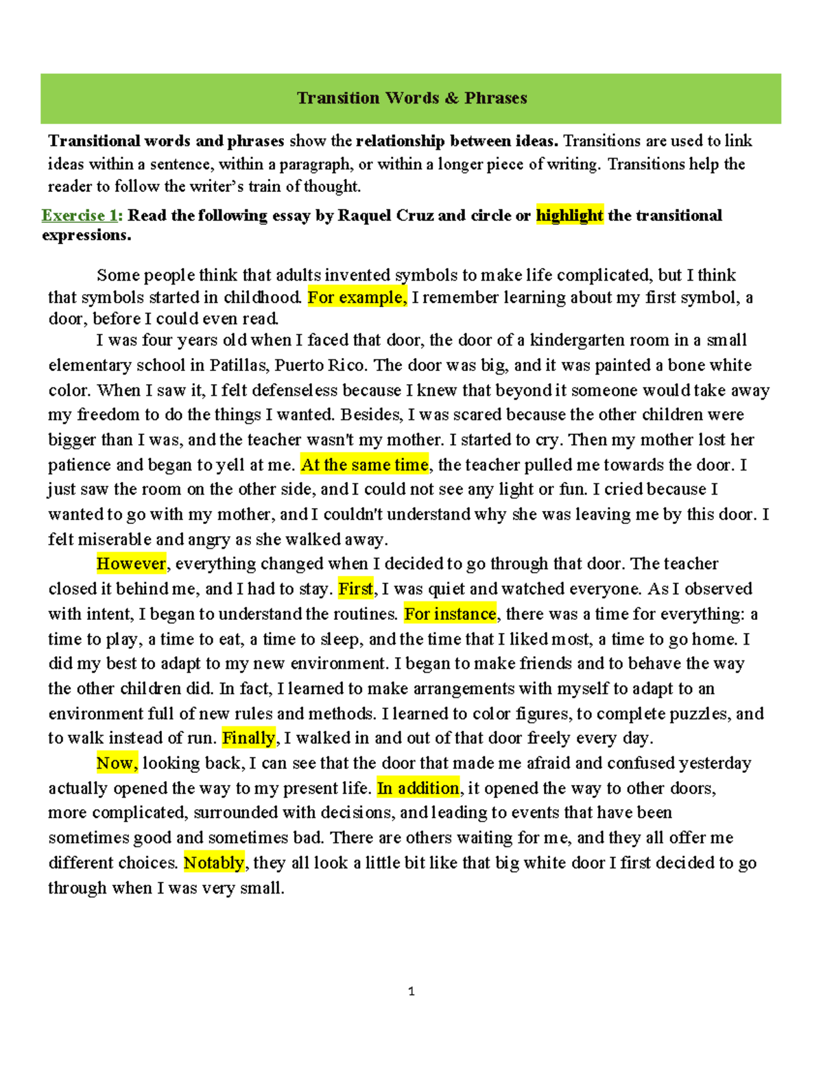 Copy of Student Copy Transitions Worksheet Staar - Transition Words ...