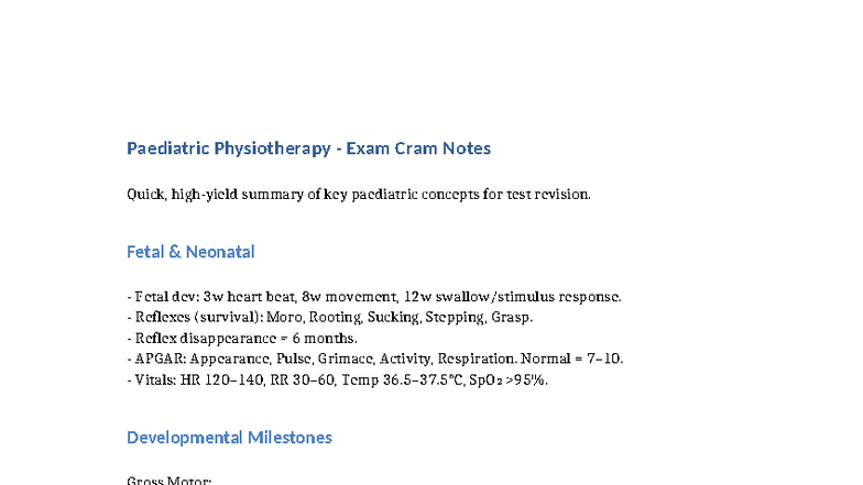 Paediatric Physiotherapy Exam Cram Notes: Key Concepts for Revision ...