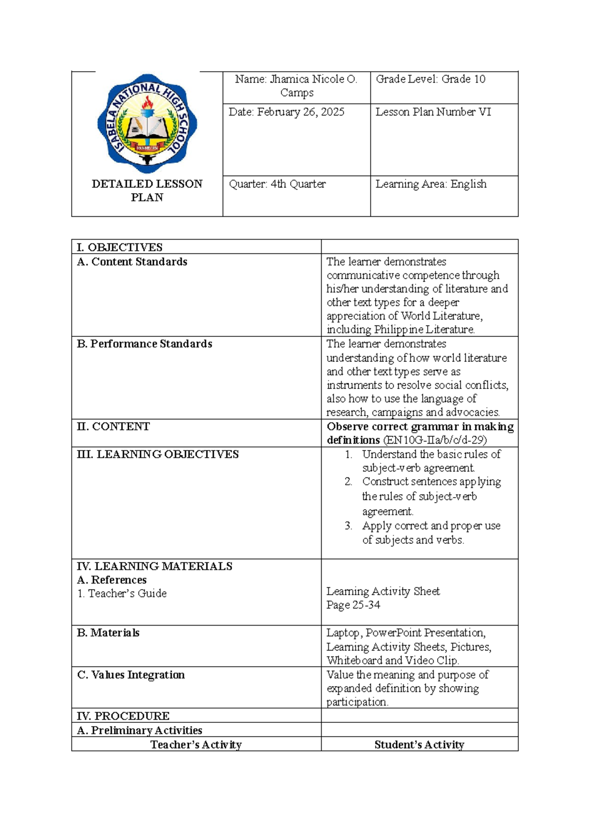 Grade 10 English Lesson Plan VI: Mastering Subject-Verb Agreement - Studocu