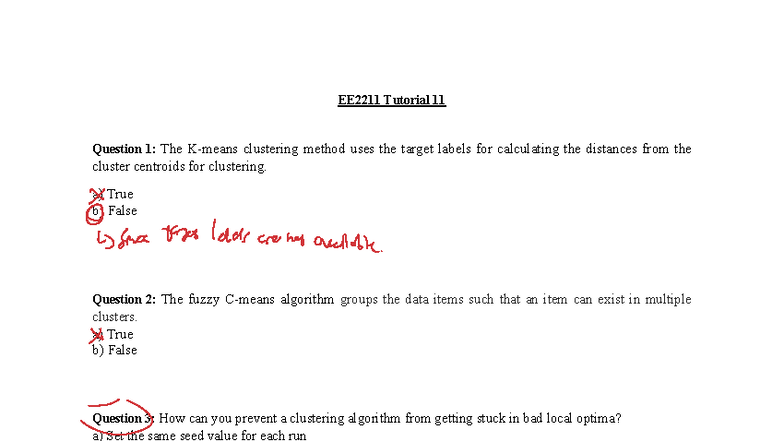EE2211 Tutorial 11: Clustering Methods and Algorithms Questions - Studocu