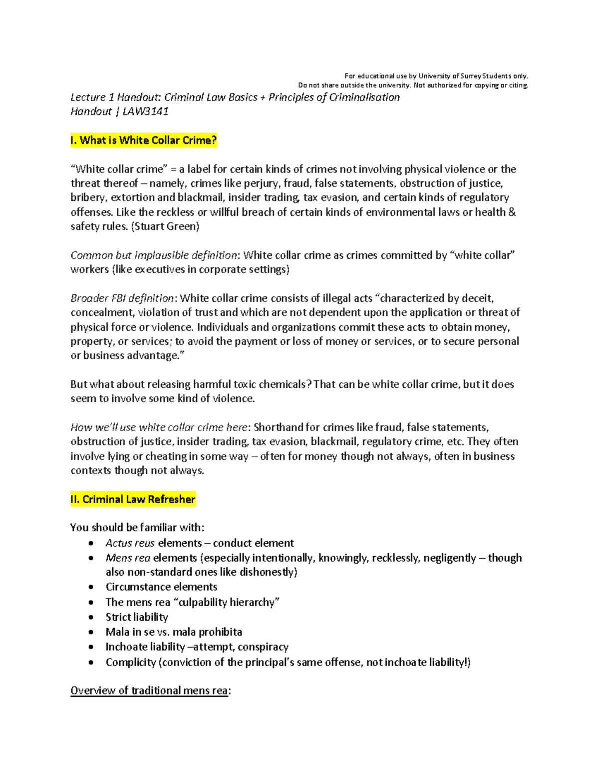 LAW3141 Lecture 1 Handout: Criminal Law Basics & White Collar Crime ...