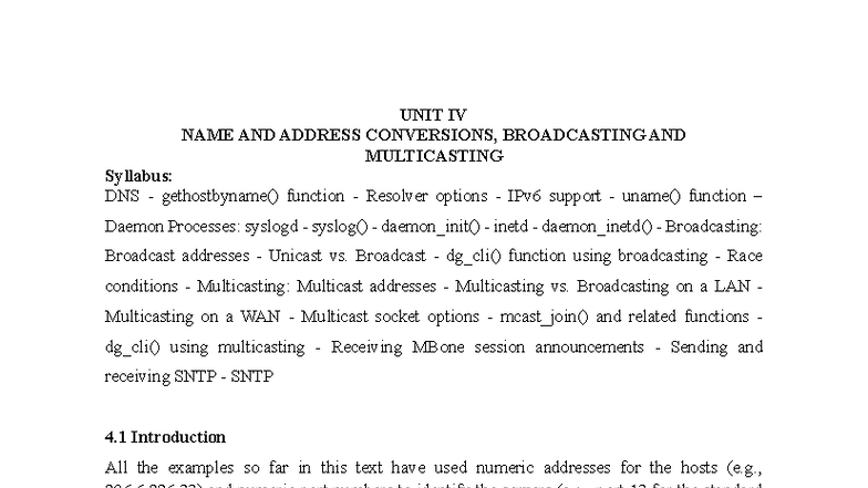 UNIT IV - Network Programming: Name & Address Conversions, Broadcasting ...
