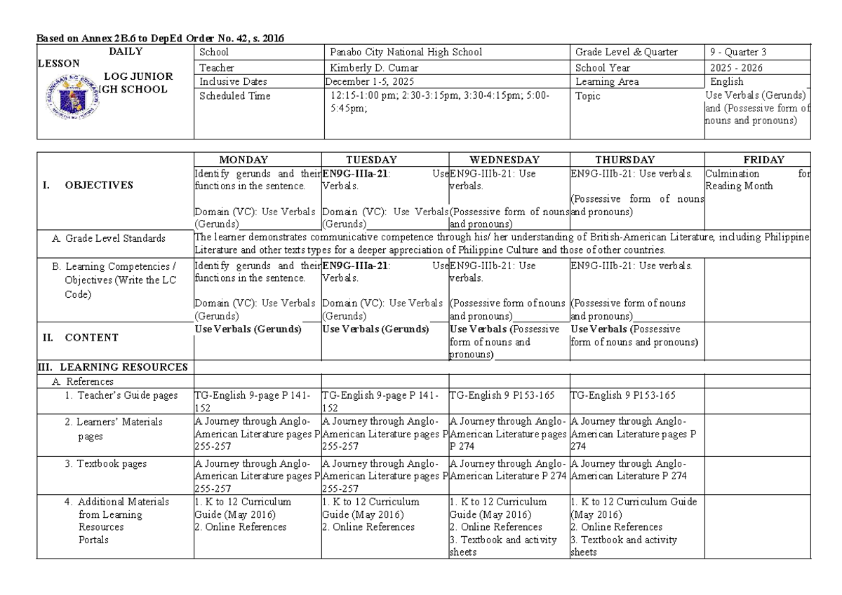 Cumar DLL English 9 Q3W5 - Daily Lesson Log on Verbals - Studocu