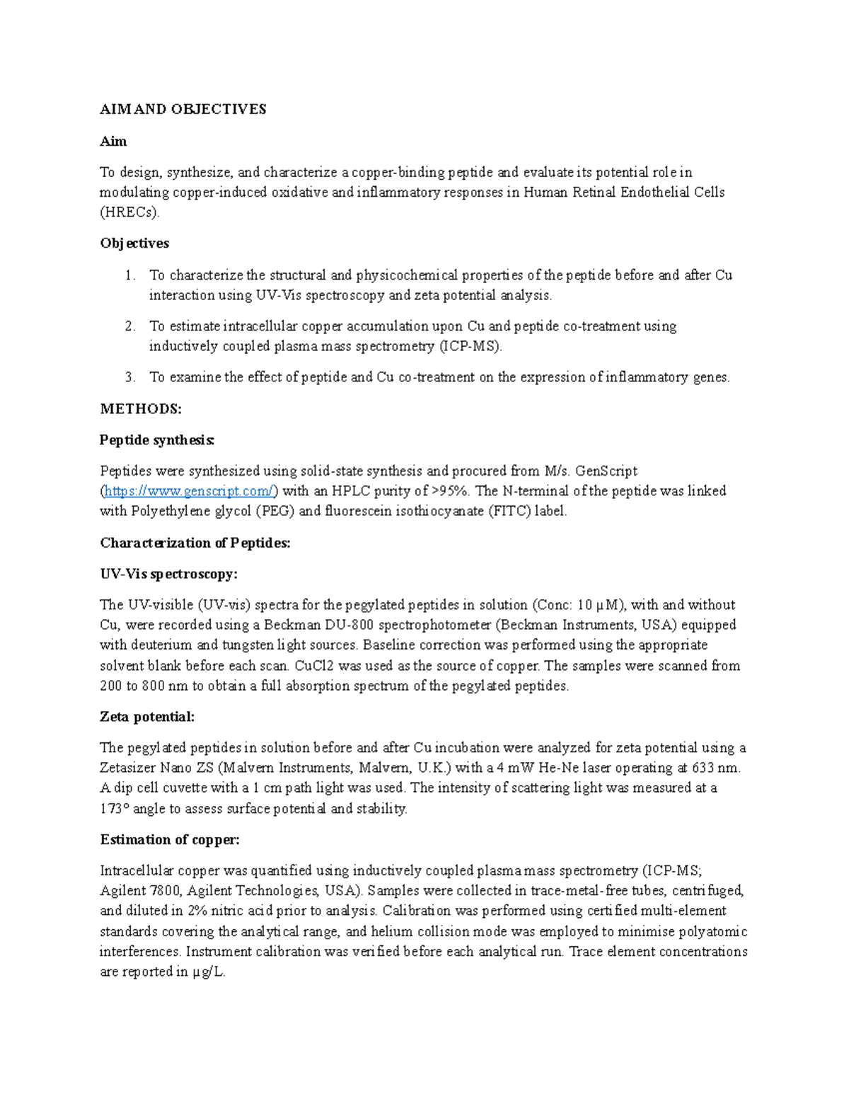 AIM AND OBJECTIVES: Peptide Design and Characterization in HRECs - Studocu
