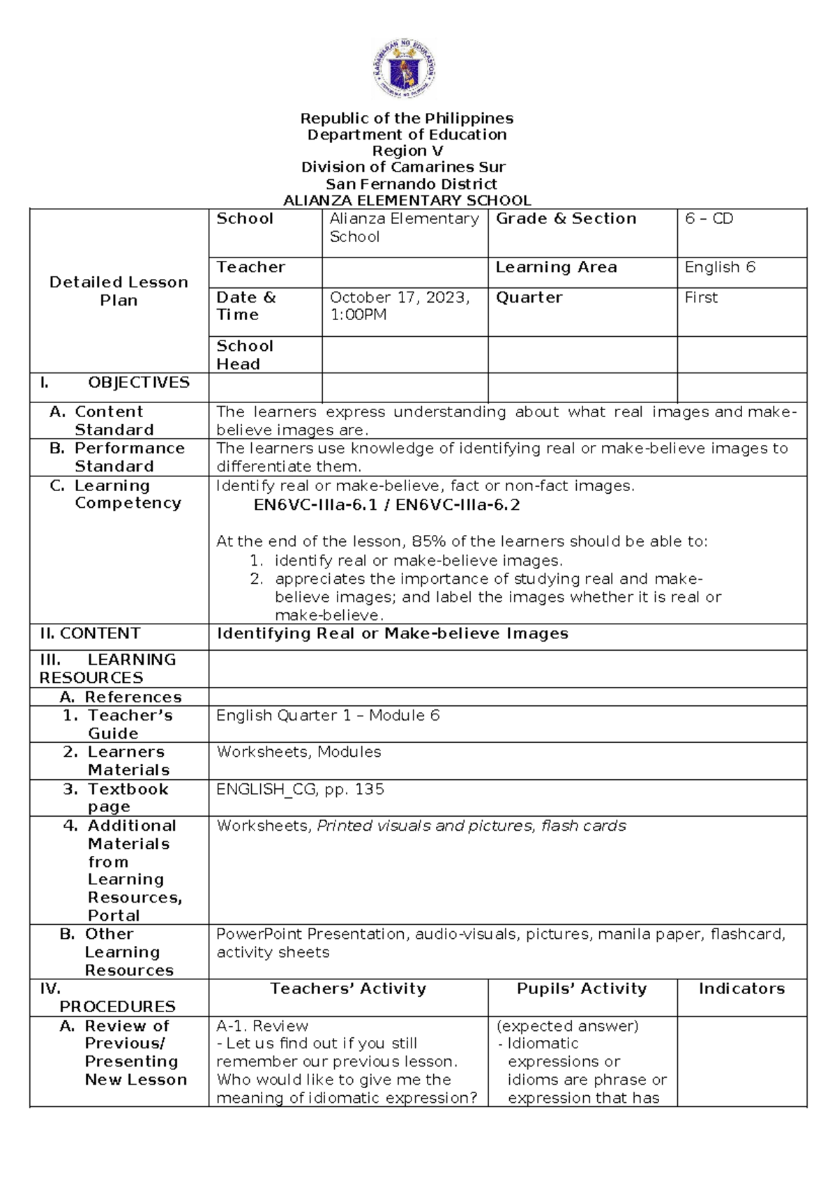DLP EN6 Final Lesson Plan: Real vs. Make-Believe for Grade 6 - Studocu