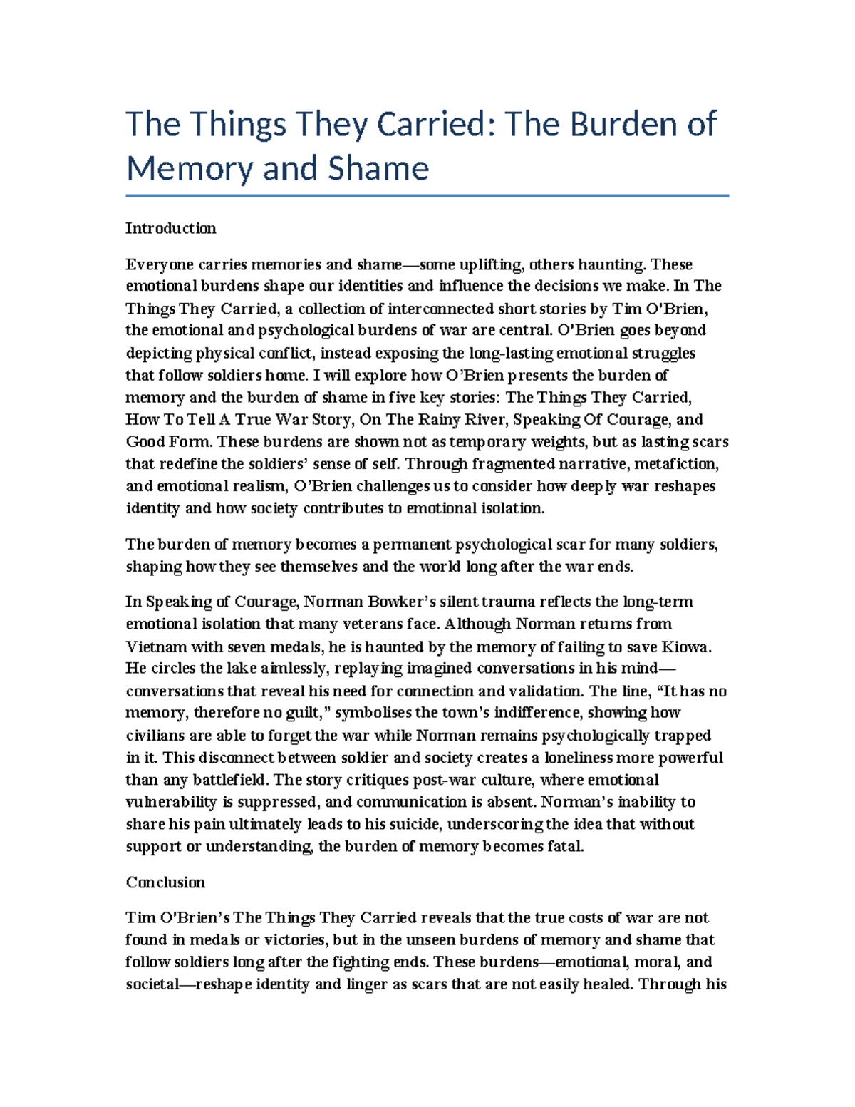 The Things They Carried (ENG 101) Essay on Memory and Shame - Studocu