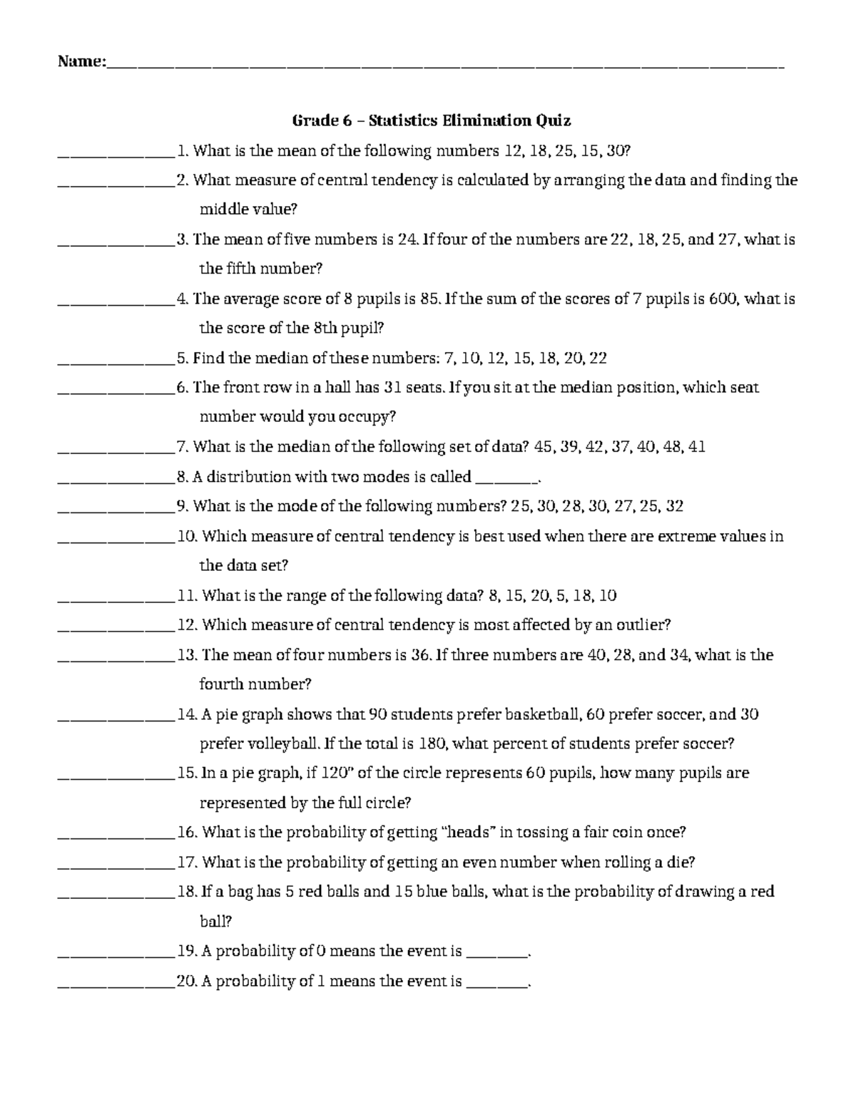Grade 6 Statistics Elimination Quiz - Practice Questions - Studocu