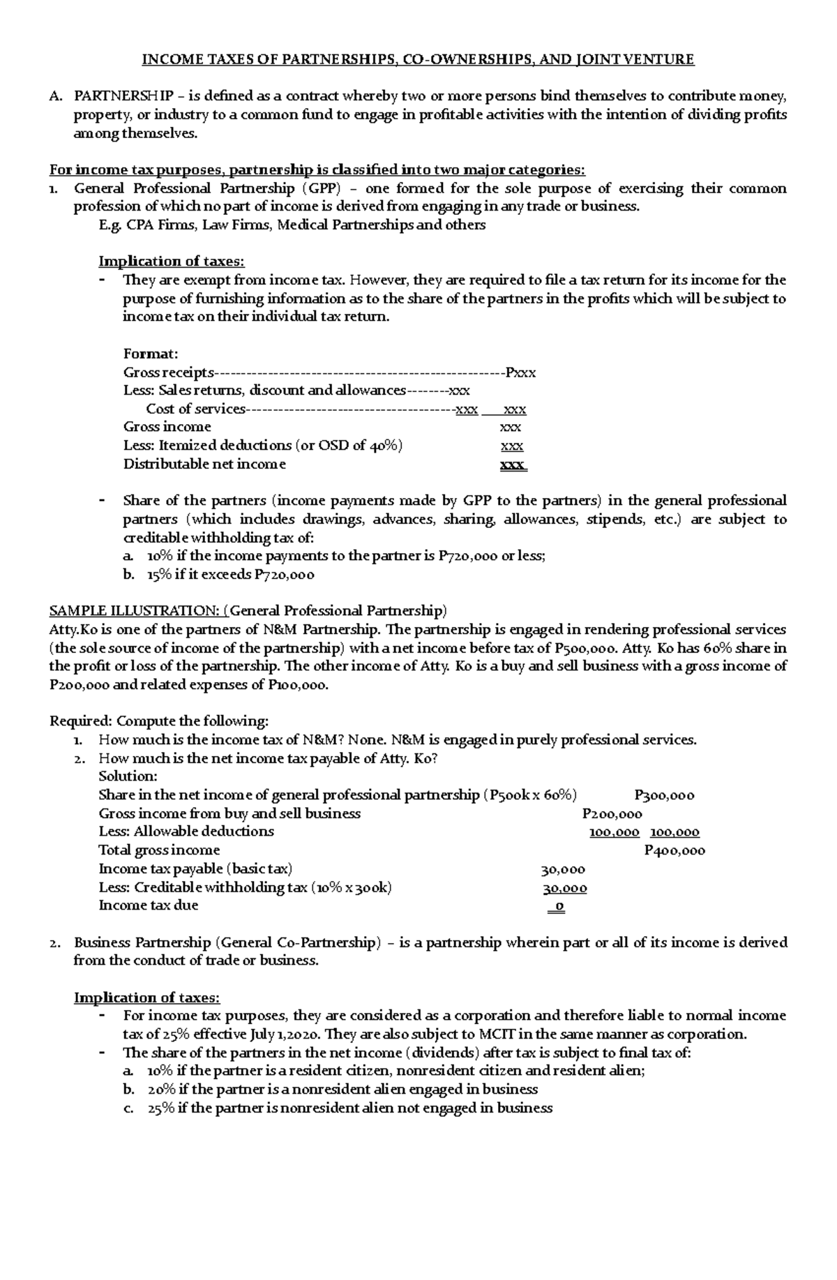 Income Taxes of Partnerships: Essential Notes & Illustrations - Studocu