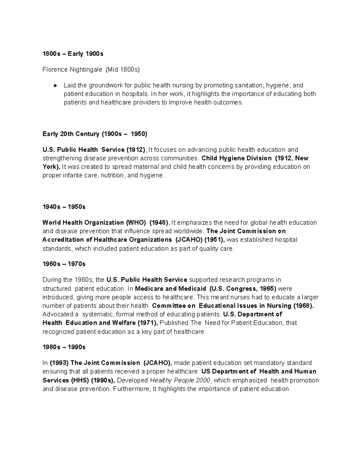 Institution - Summary Health Education (Nursing) - 1800s – Early 1900s Florence Nightingale (Mid ...