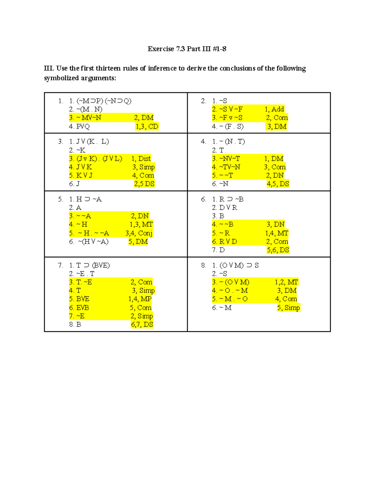 Exercise 7.3 Part III Solutions for Inference Rules #1-8 - Studocu