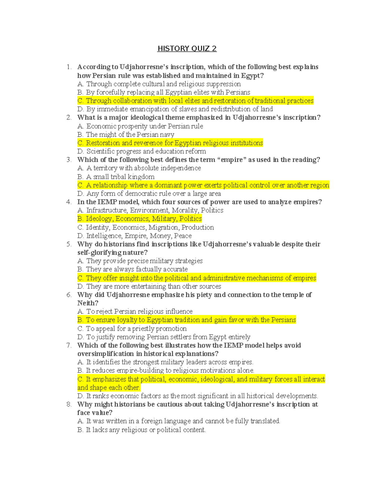 Ancient Civilizations History Quiz: Egyptian Practices & Beliefs (HIST ...