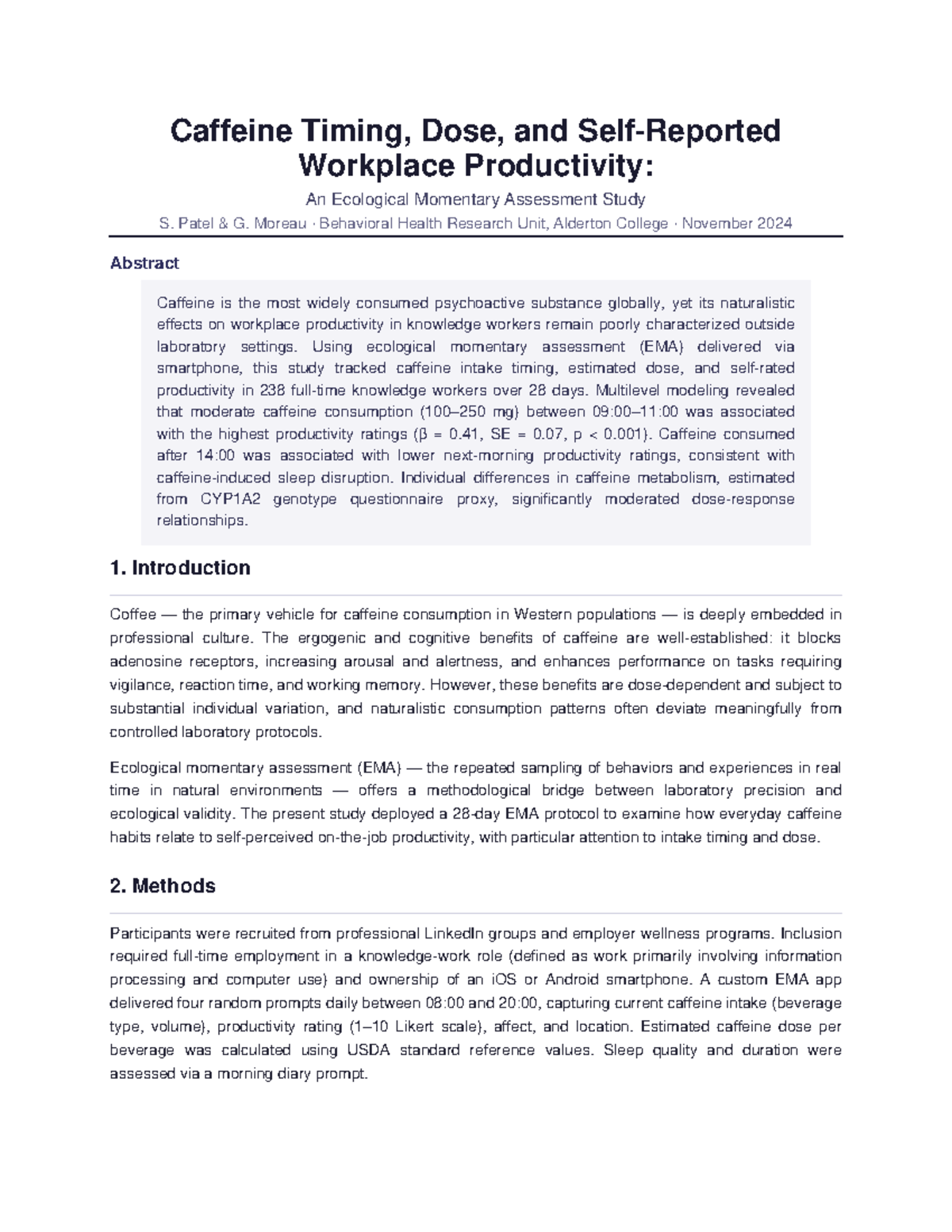 Caffeine Timing and Dose Impact on Workplace Productivity: EMA Study ...