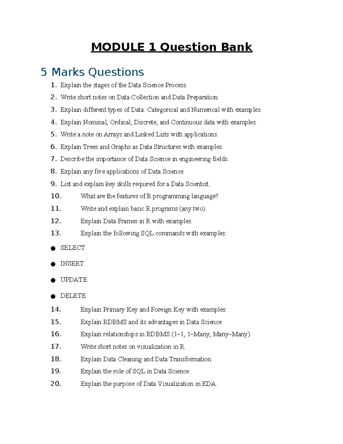 DSM Module 1 Question Bank: Data Science Concepts & R Programming - Studocu