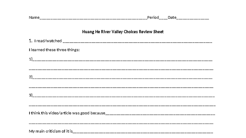 Huang He River Valley Choices Review Sheet: Key Learnings & Critiques ...