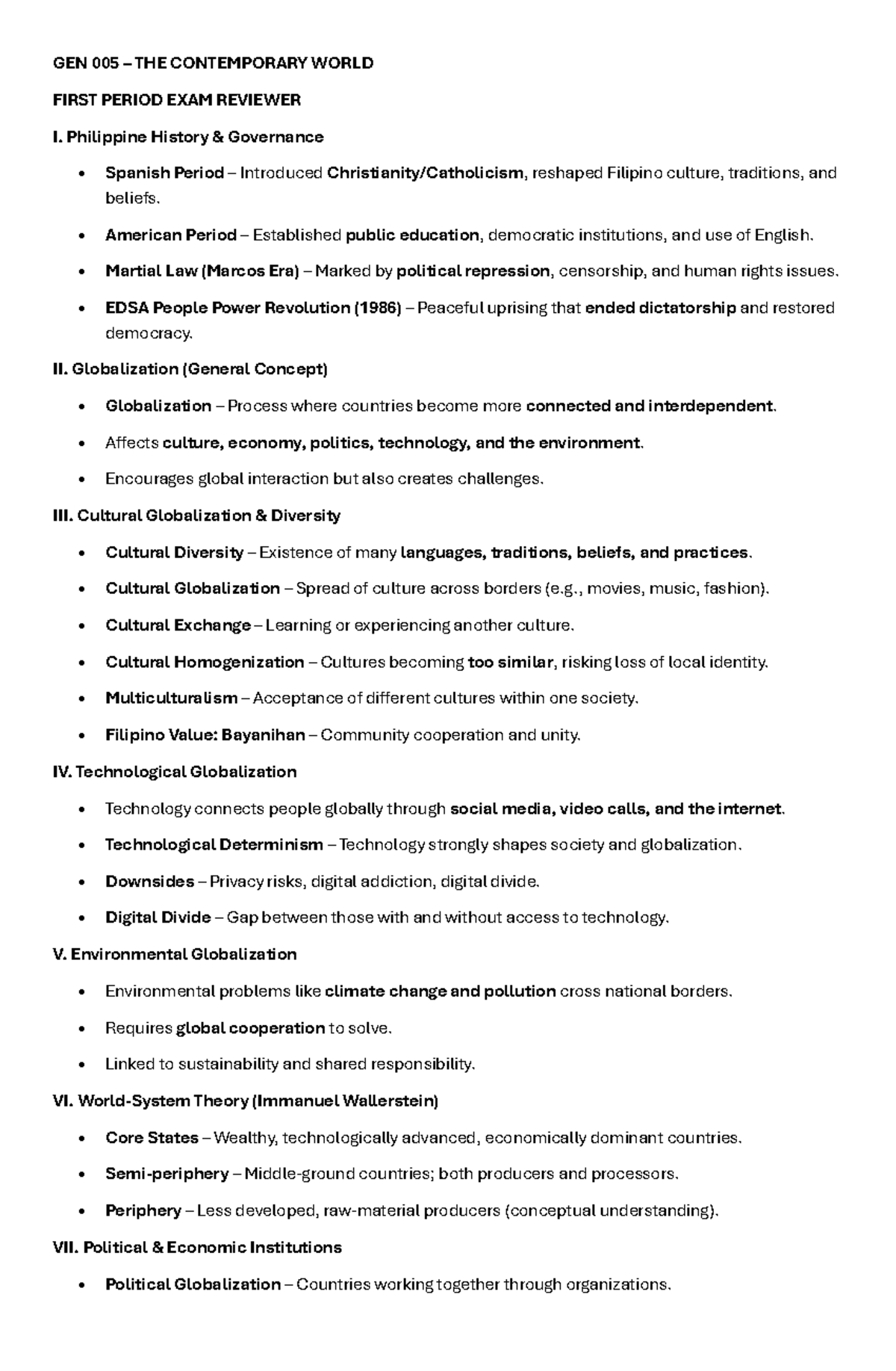 GEN 005 Contemporary World First Period Exam Reviewer - Studocu