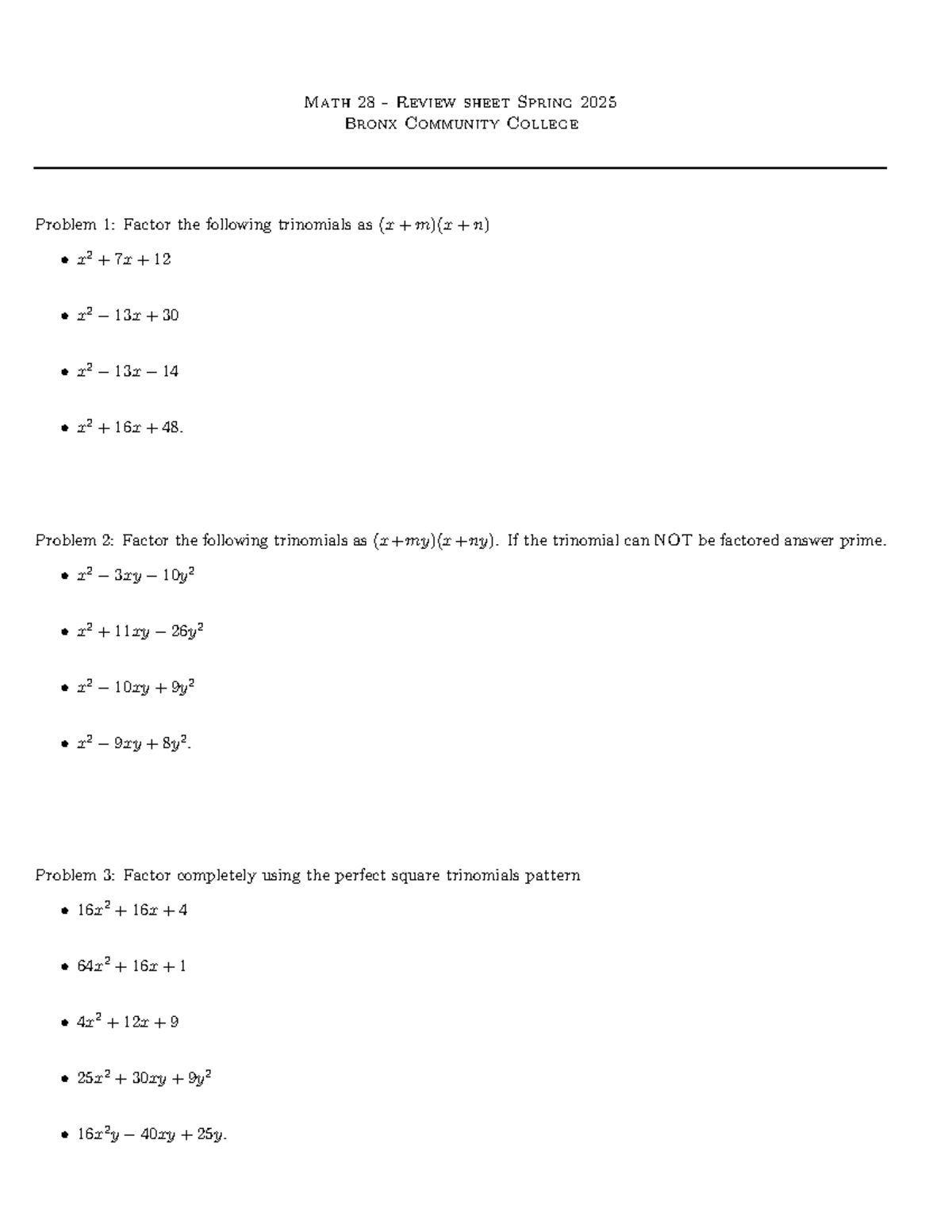 Math 28 - Spring 2025 Review Sheet for Factoring and Equations - Studocu