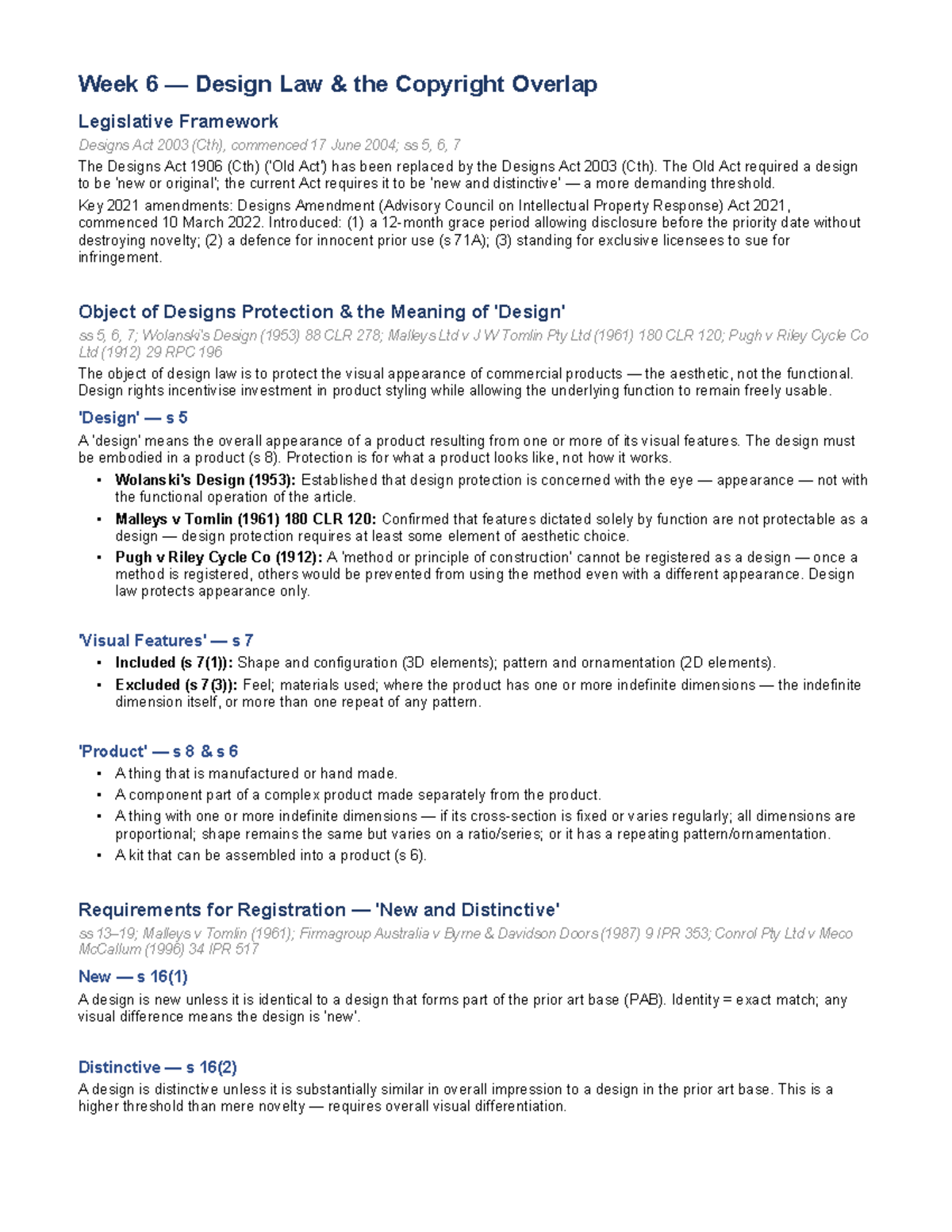 Week 6 IP Notes: Design Law & Copyright Overlap Analysis - Studocu