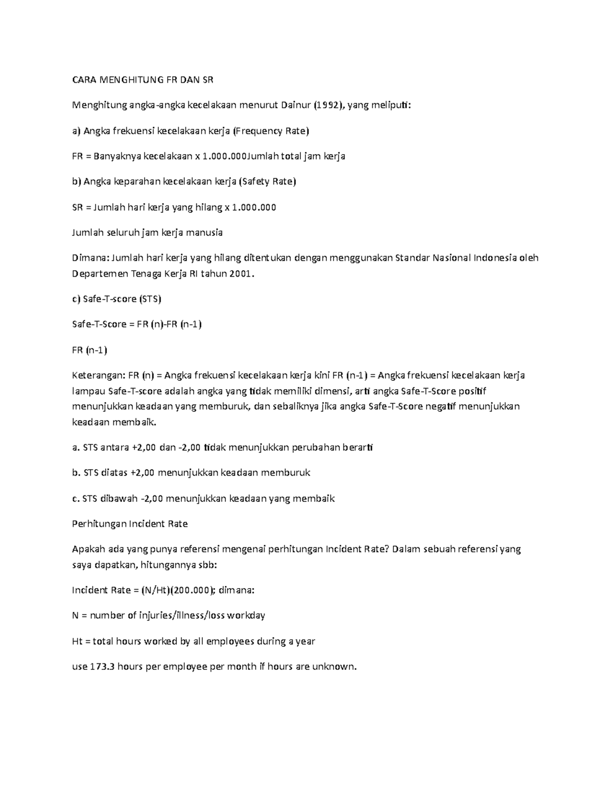 Cara Menghitung Frekwensi Rate dan Severity Rate Kecelakaan Kerja - Studocu