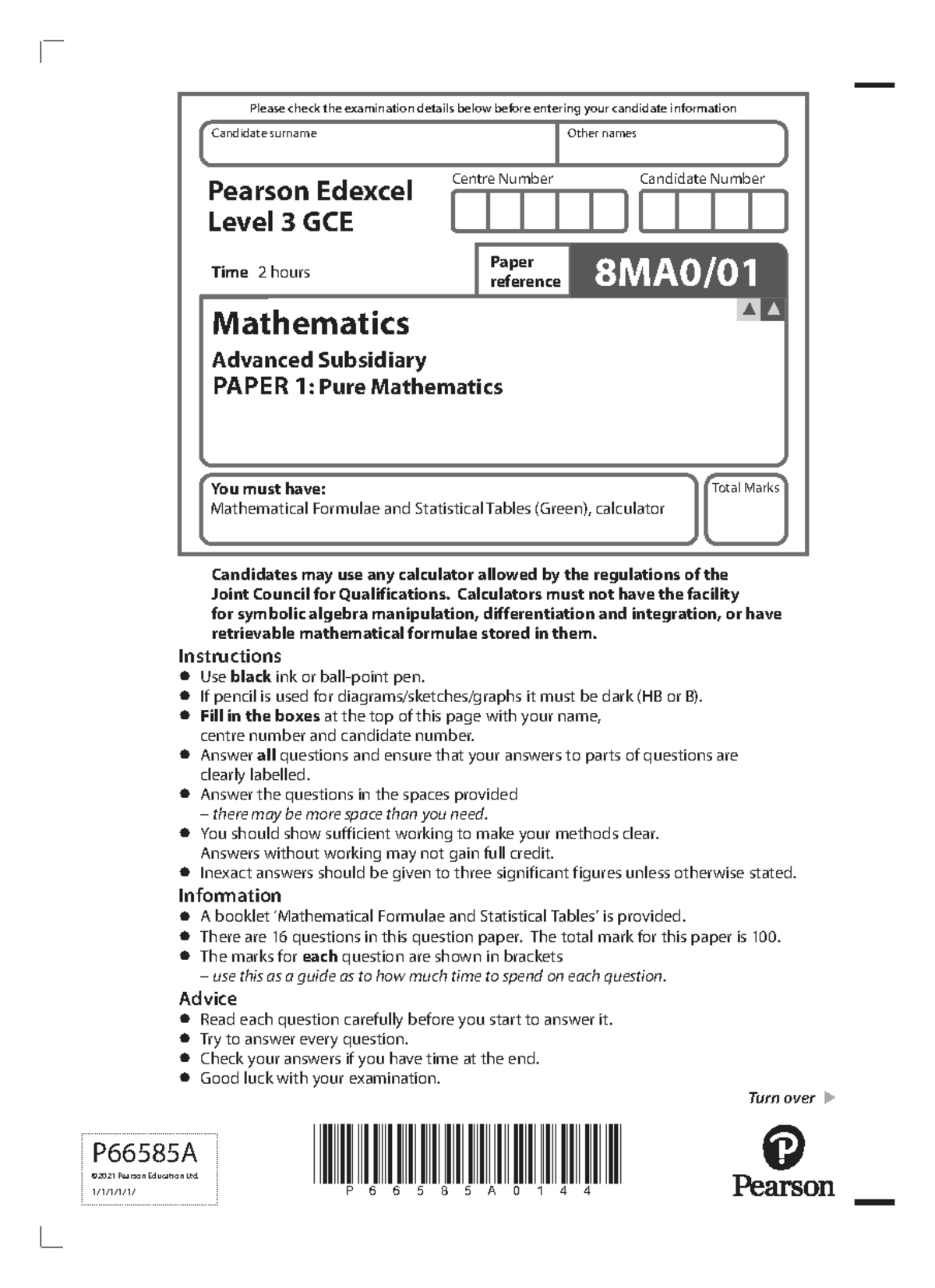 AS Level Maths Edexcel NOV 21 Paper 1 Exam Details and Instructions ...