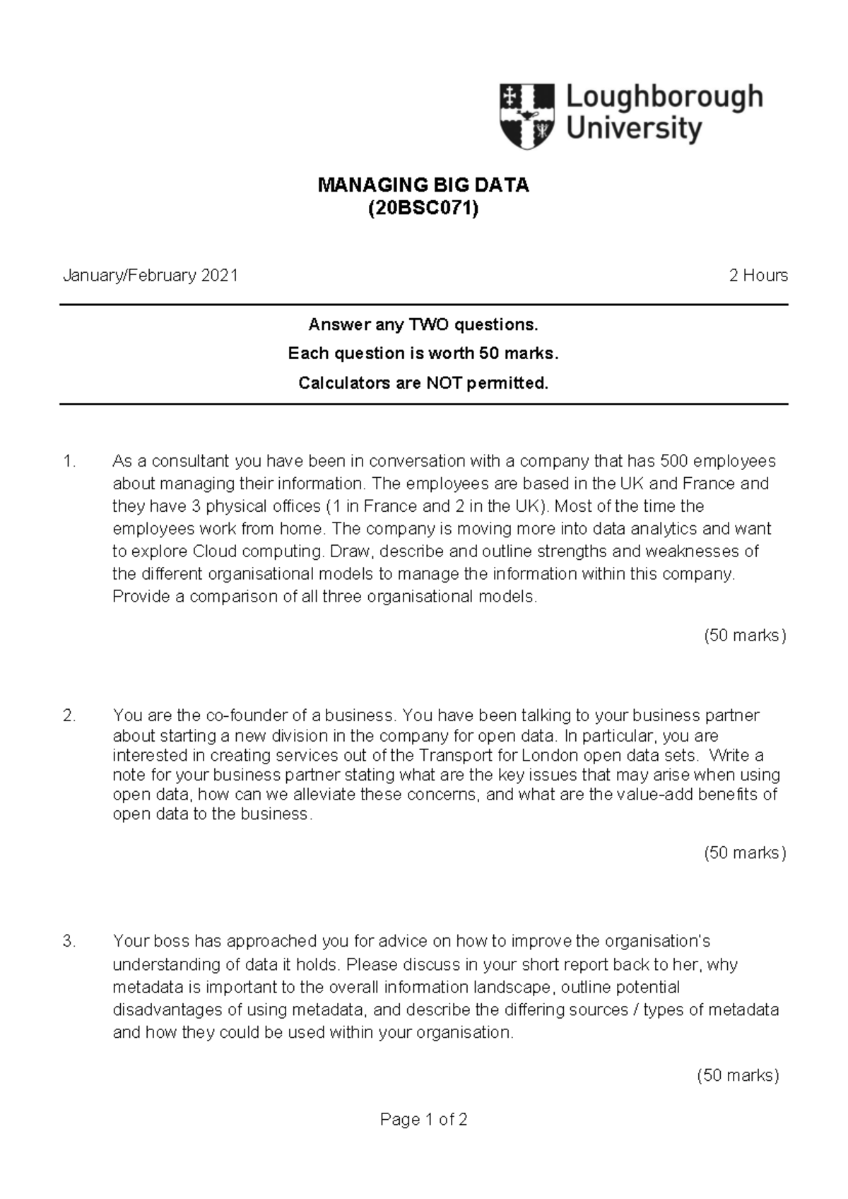 Managing Big Data Exam Questions (20BSC071) - 2021 - Studocu