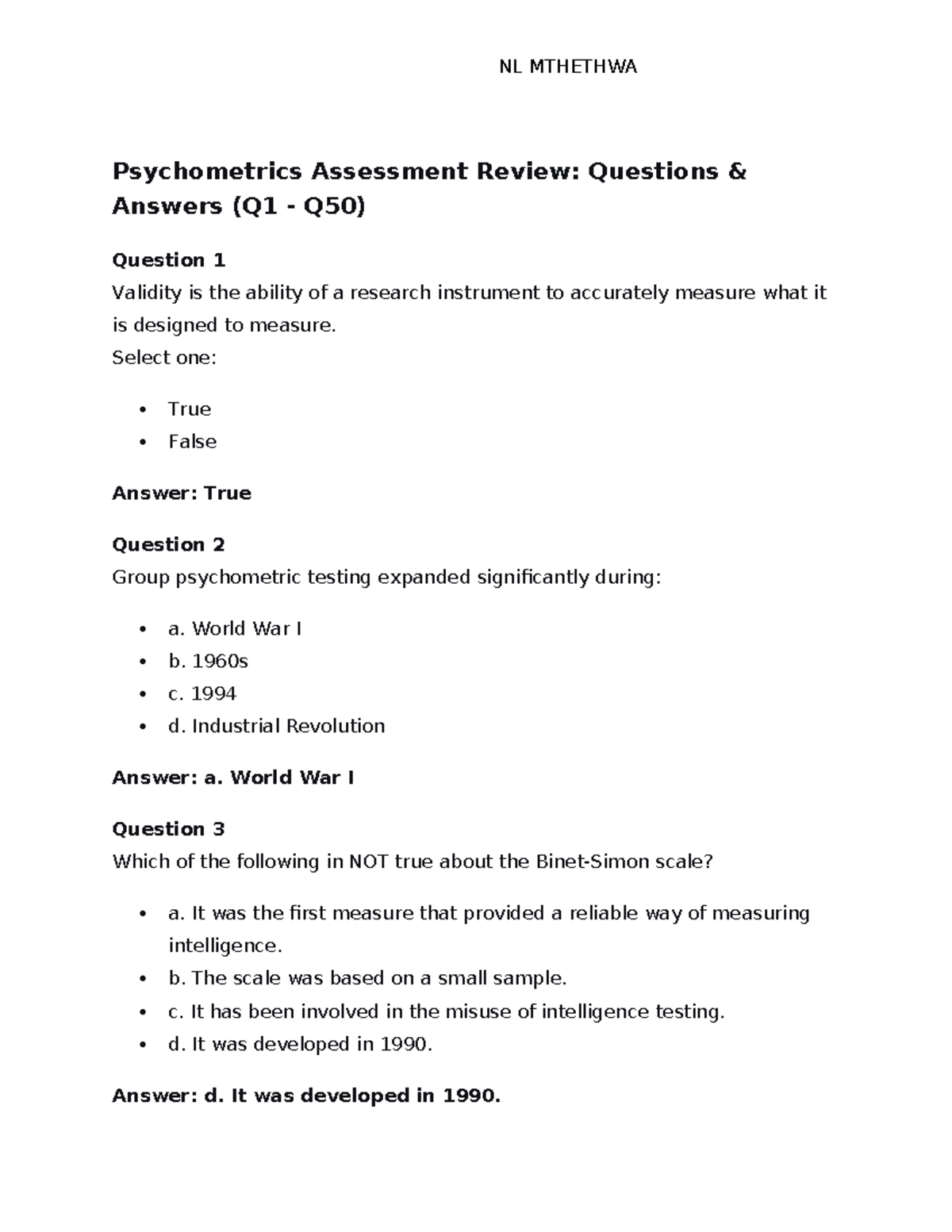 Psychometrics Assessment Review: Questions & Answers (SPVV211) - Studocu