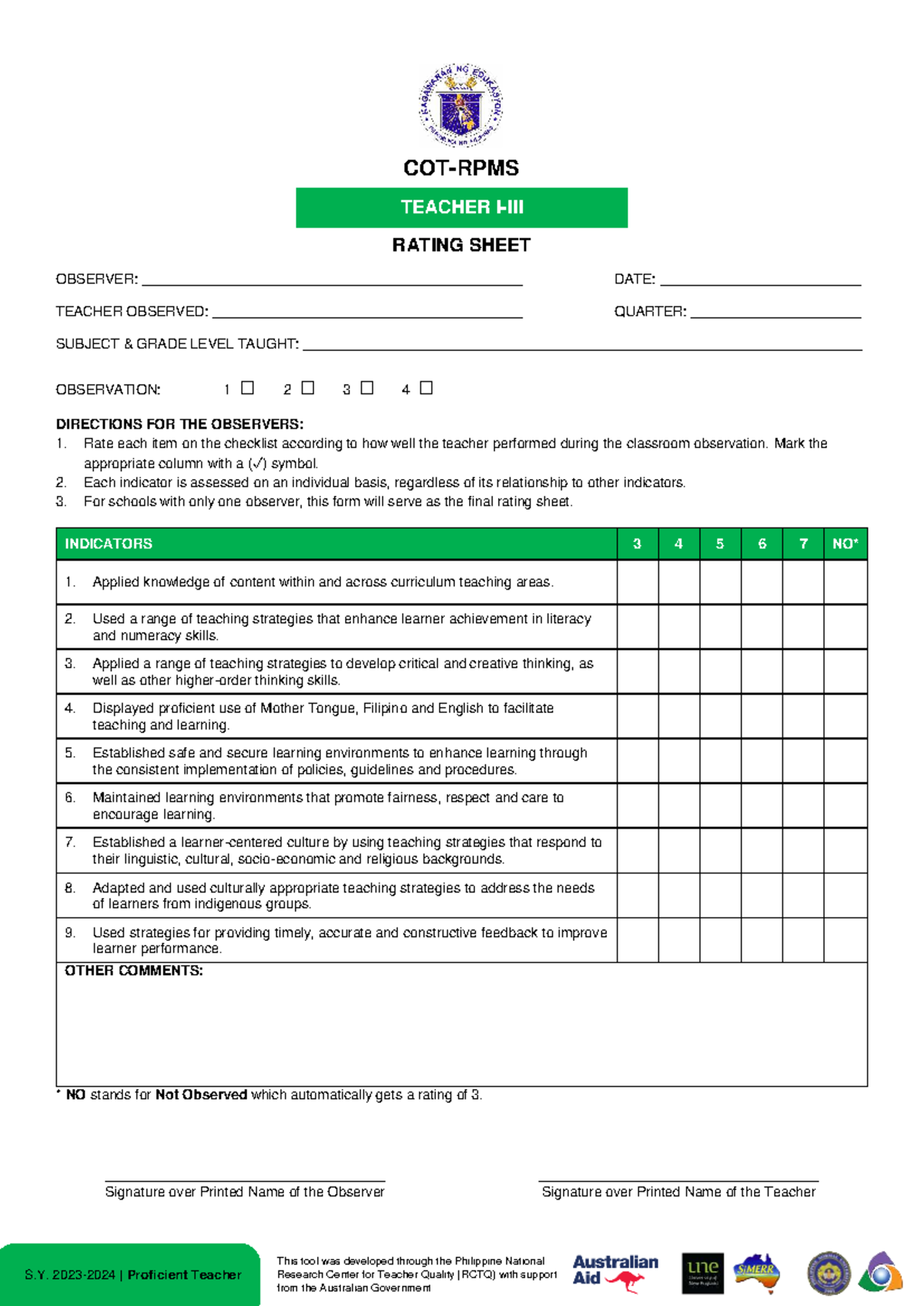 COT-RPMS Teacher Observation Rating Sheet for SY 2023-2024 - Studocu