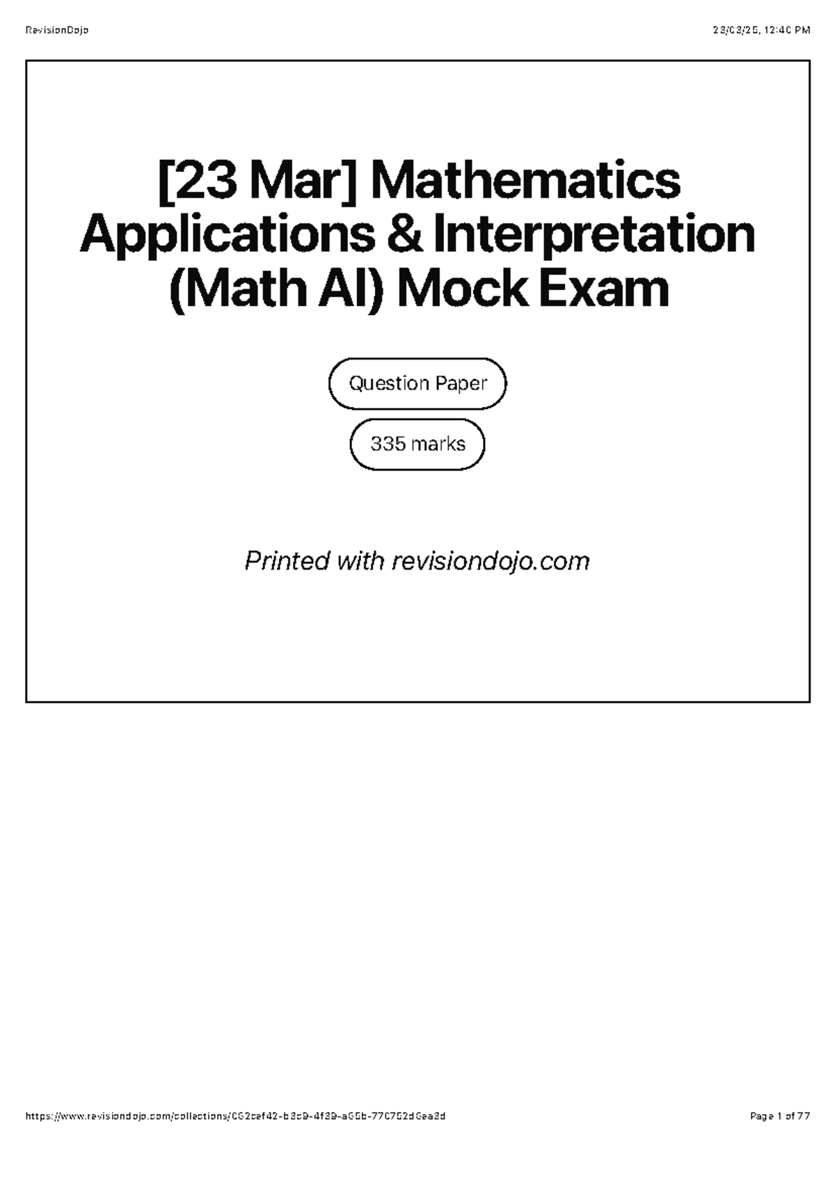 Mathematics Applications & Interpretation (Math AI) Mock Exam Paper ...